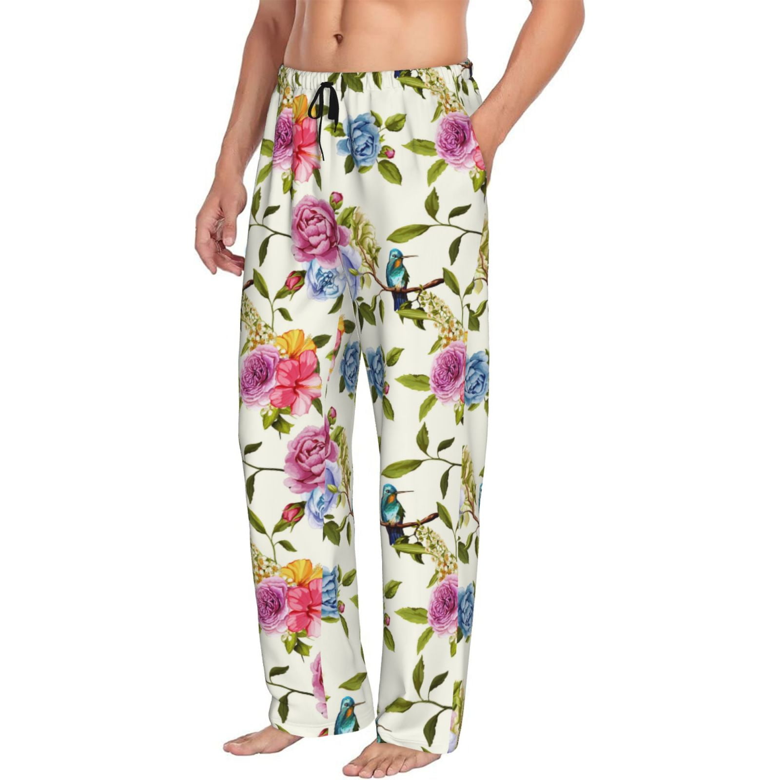 Mens Pajama Pants Bottoms with Pockets- Carnation Hummingbird Pattern ...