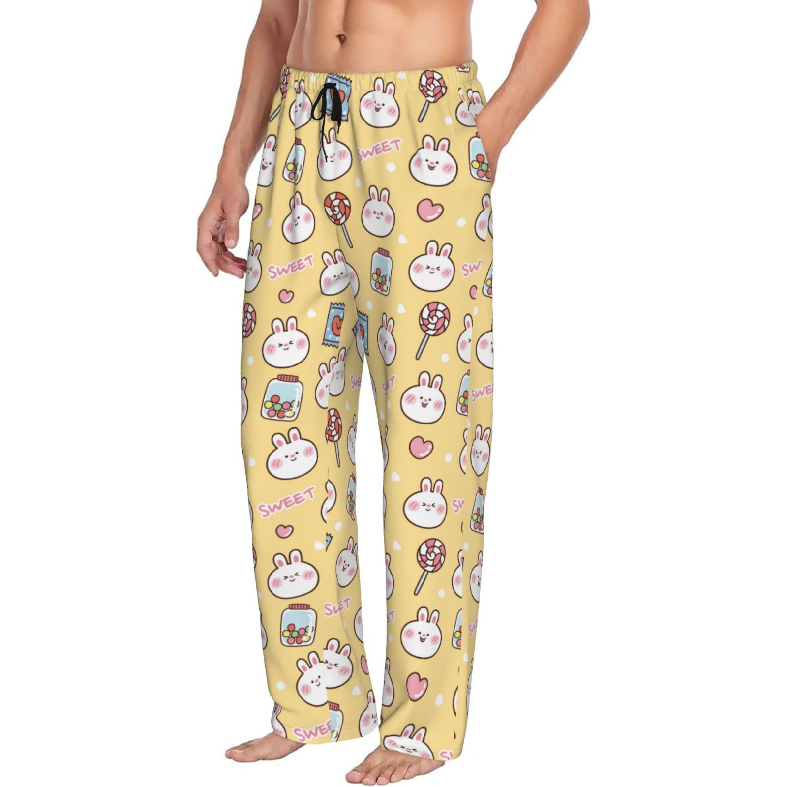 Mens Pajama Pants Bottoms with Pockets- Cartoon Cute Rabbit Candy Love ...