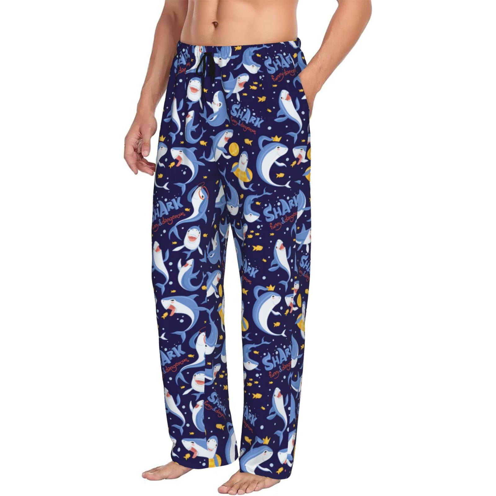Mens Pajama Pants Bottoms with Pockets- Cartoon Funny Shark Blue_A Soft ...