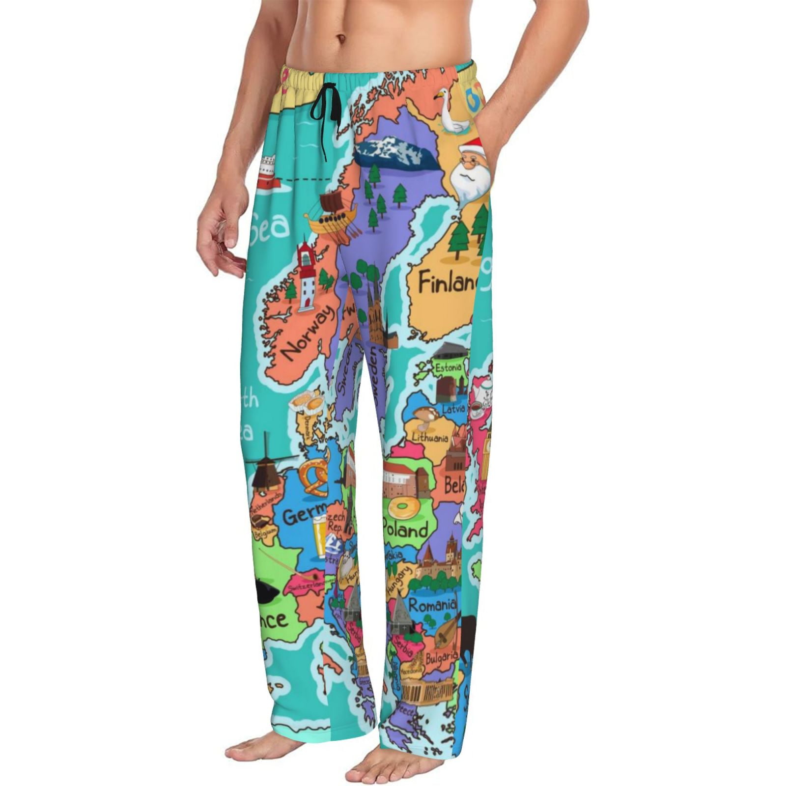 Mens Pajama Pants Bottoms with Pockets- Cartoon Map Of Europe Soft Mens ...