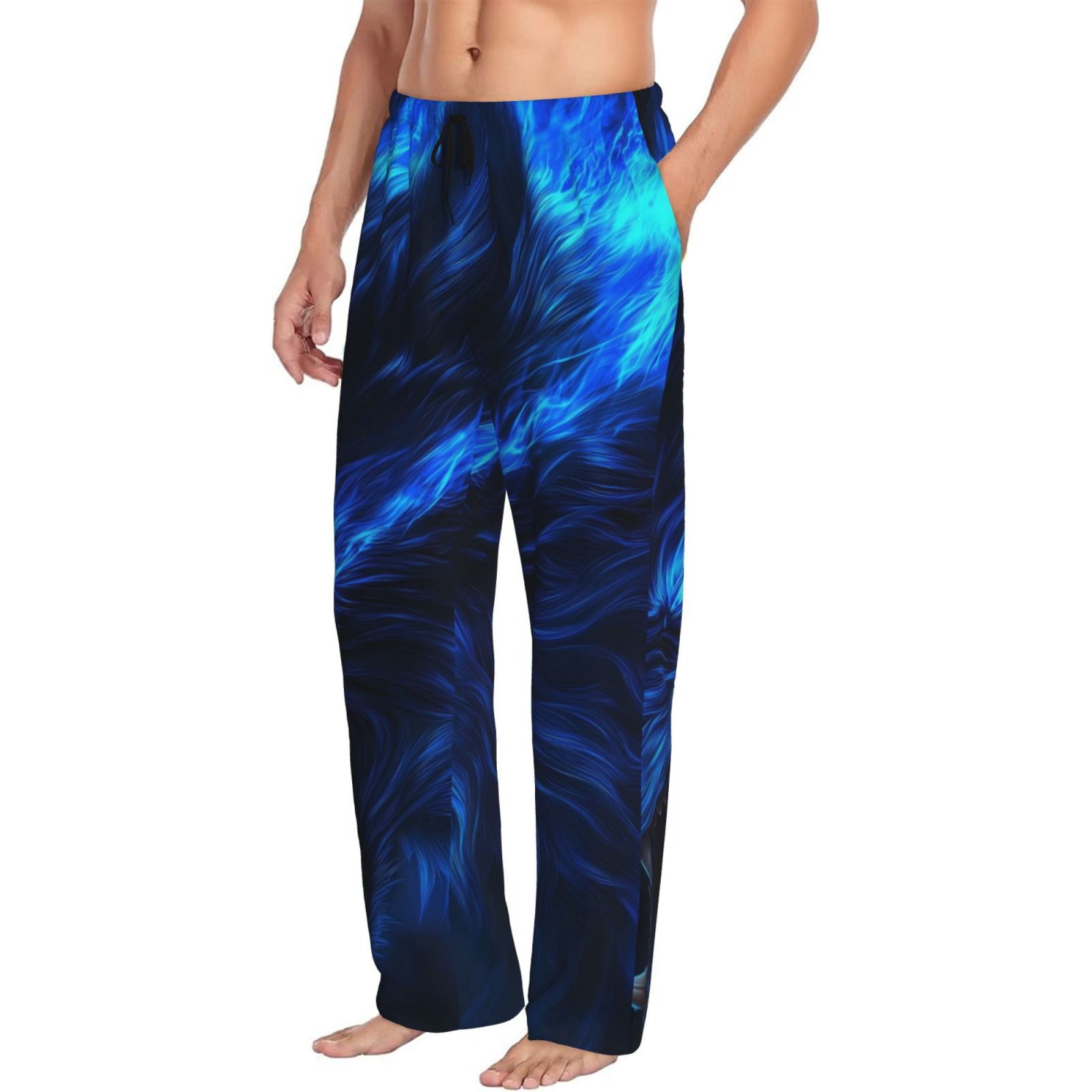 Mens Pajama Pants Bottoms with Pockets - Cool Blue Fire Wolf Comfy Mens ...