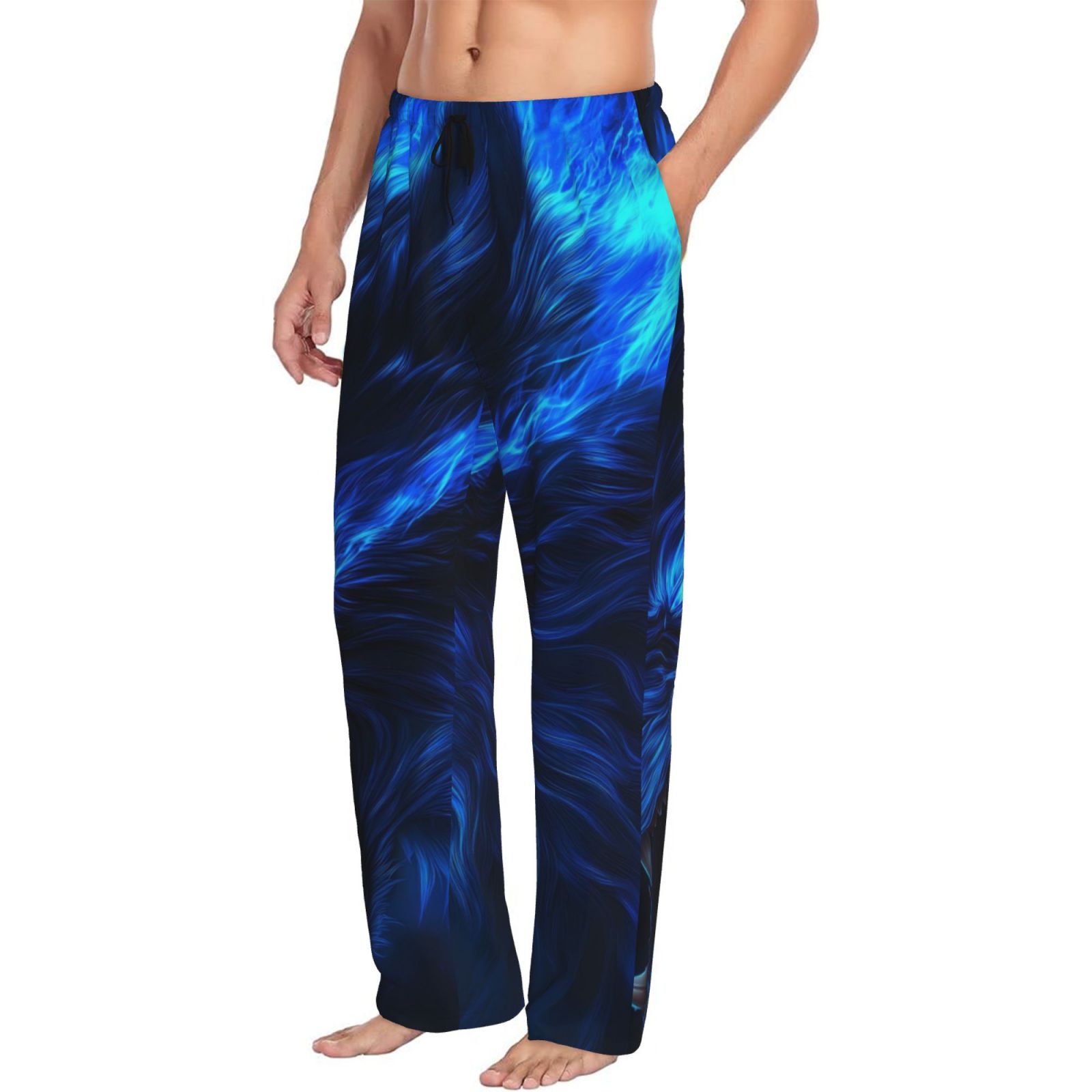 Mens Pajama Pants Bottoms with Pockets - Cool Blue Fire Wolf Soft Mens ...