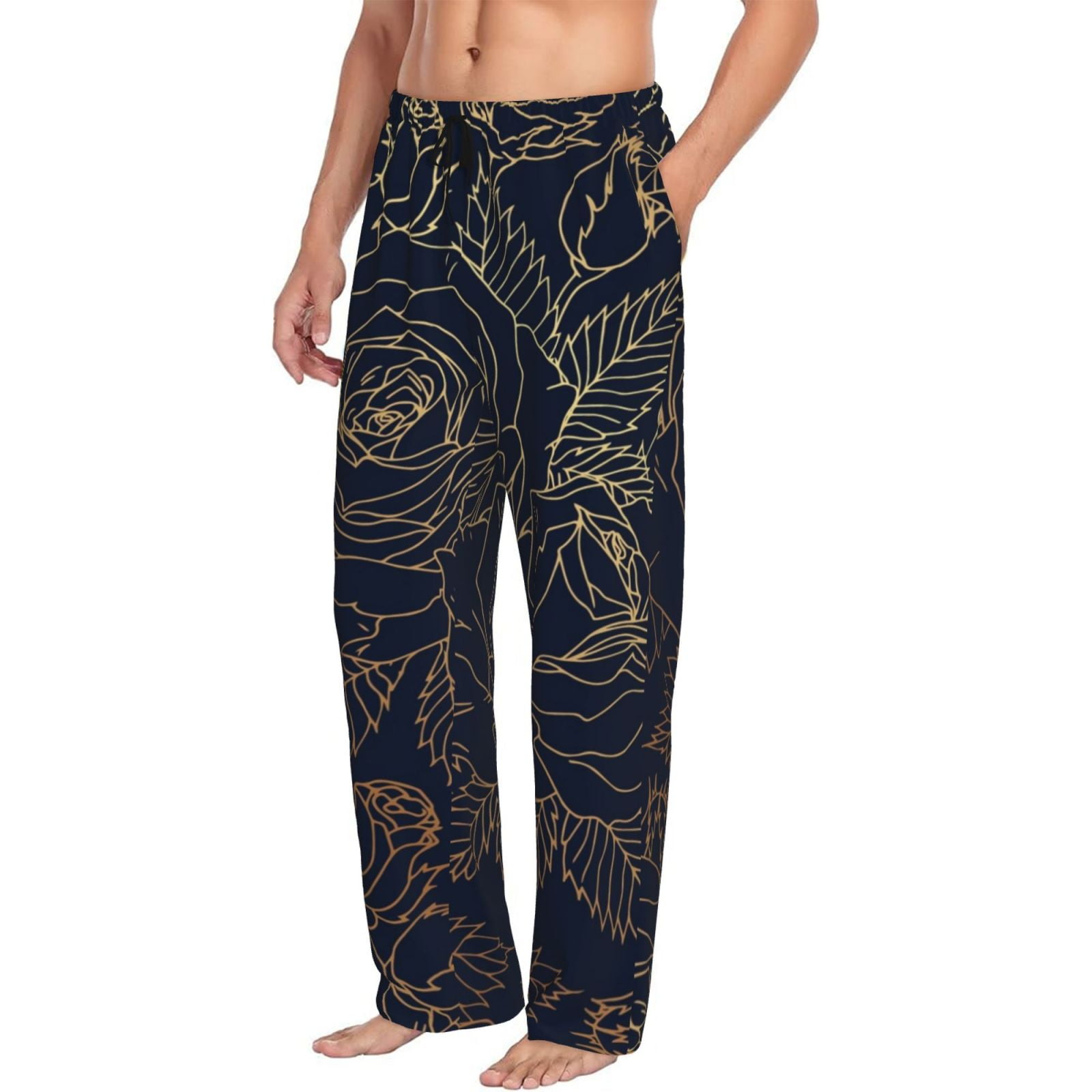 Mens Pajama Pants Bottoms with Pockets- Copper-Gold Gloss Outline Rose ...