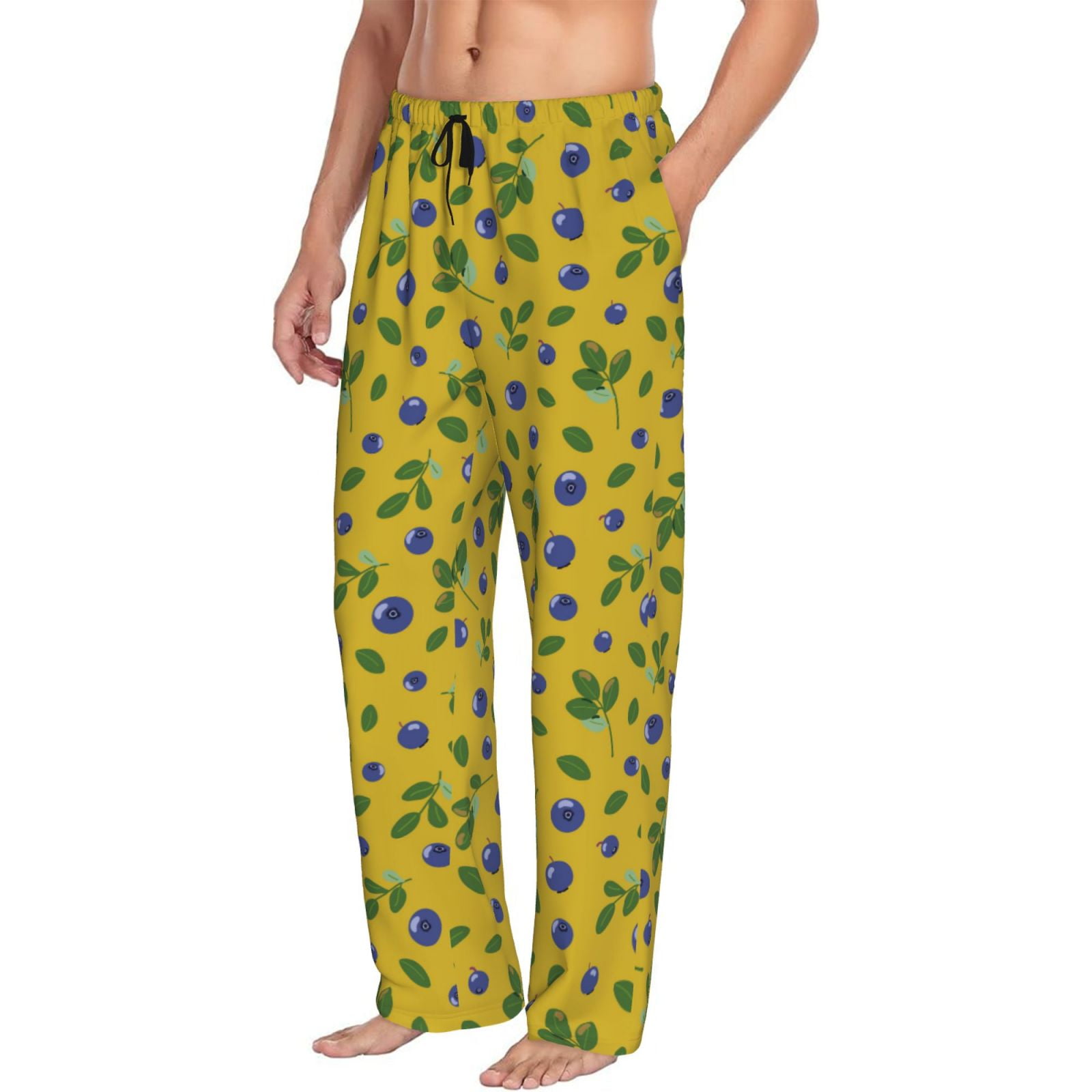 Mens Pajama Pants Bottoms with Pockets- Cute Blueberry Yellow Soft Mens ...