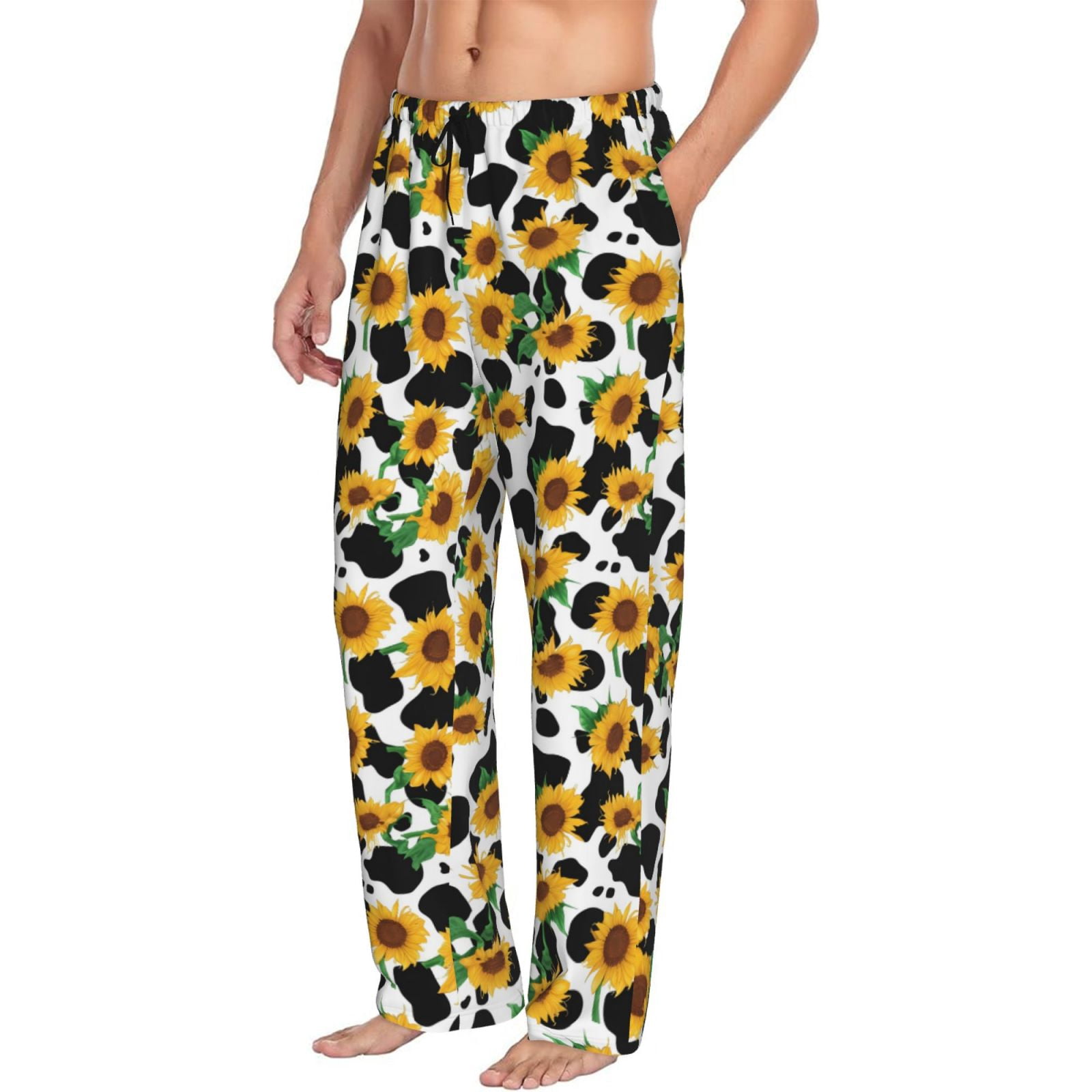 Mens Pajama Pants Bottoms with Pockets- Cute Cow Print Sunflower C Soft ...