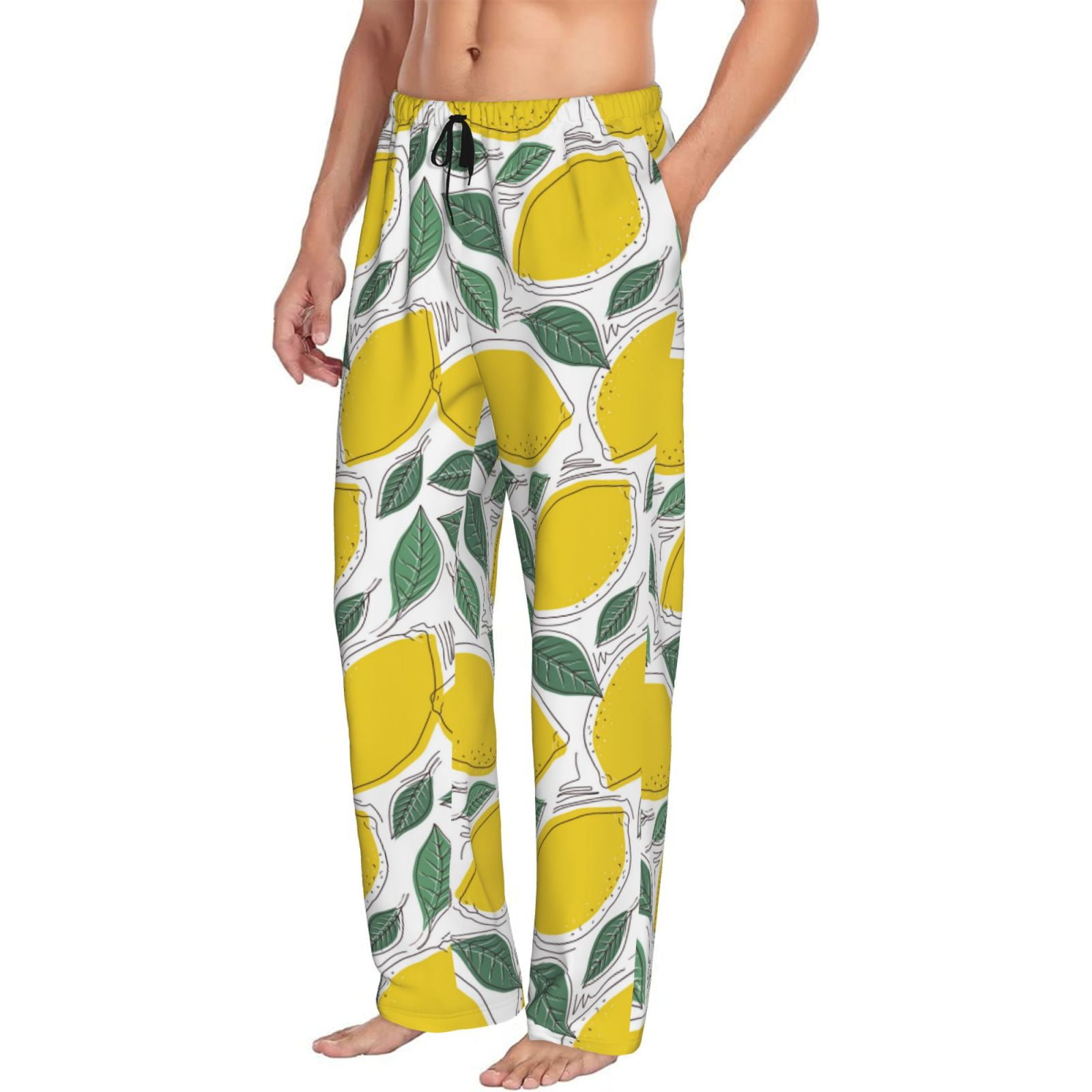Mens Pajama Pants Bottoms with Pockets- Cute Gold Lemon Leaves Soft ...