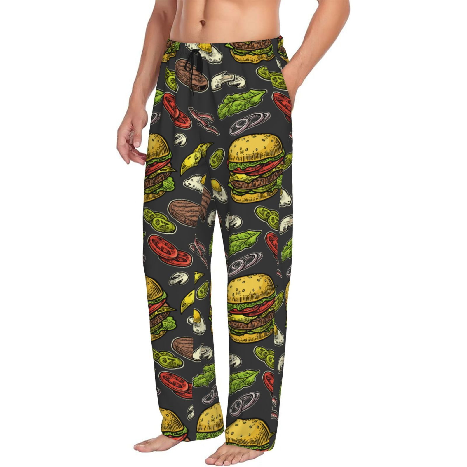 Mens Pajama Pants Bottoms with Pockets- Cute Hamburger Beef Vegetables ...