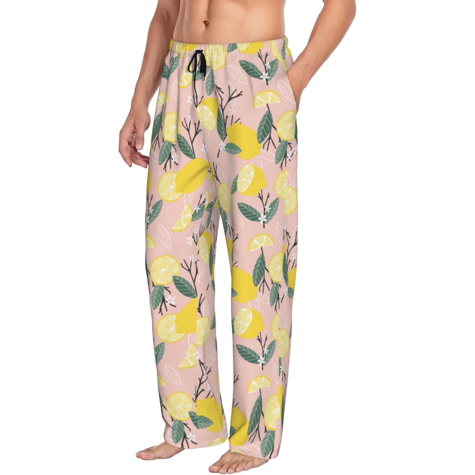 Mens Pajama Pants Bottoms with Pockets- Cute Lemon Green Leaves Pink ...