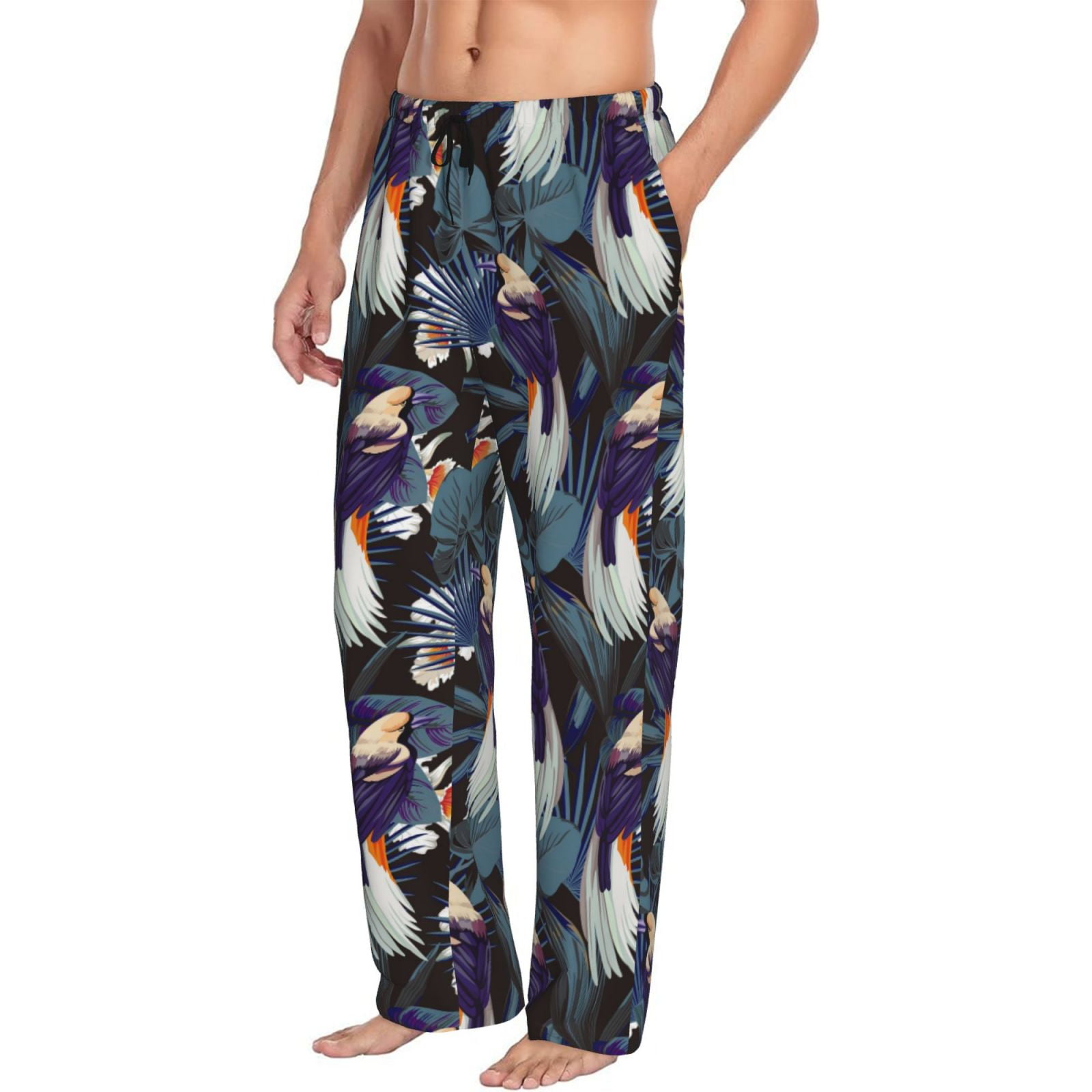Mens Pajama Pants Bottoms with Pockets- Cute Sharp Billed Bird Plant ...