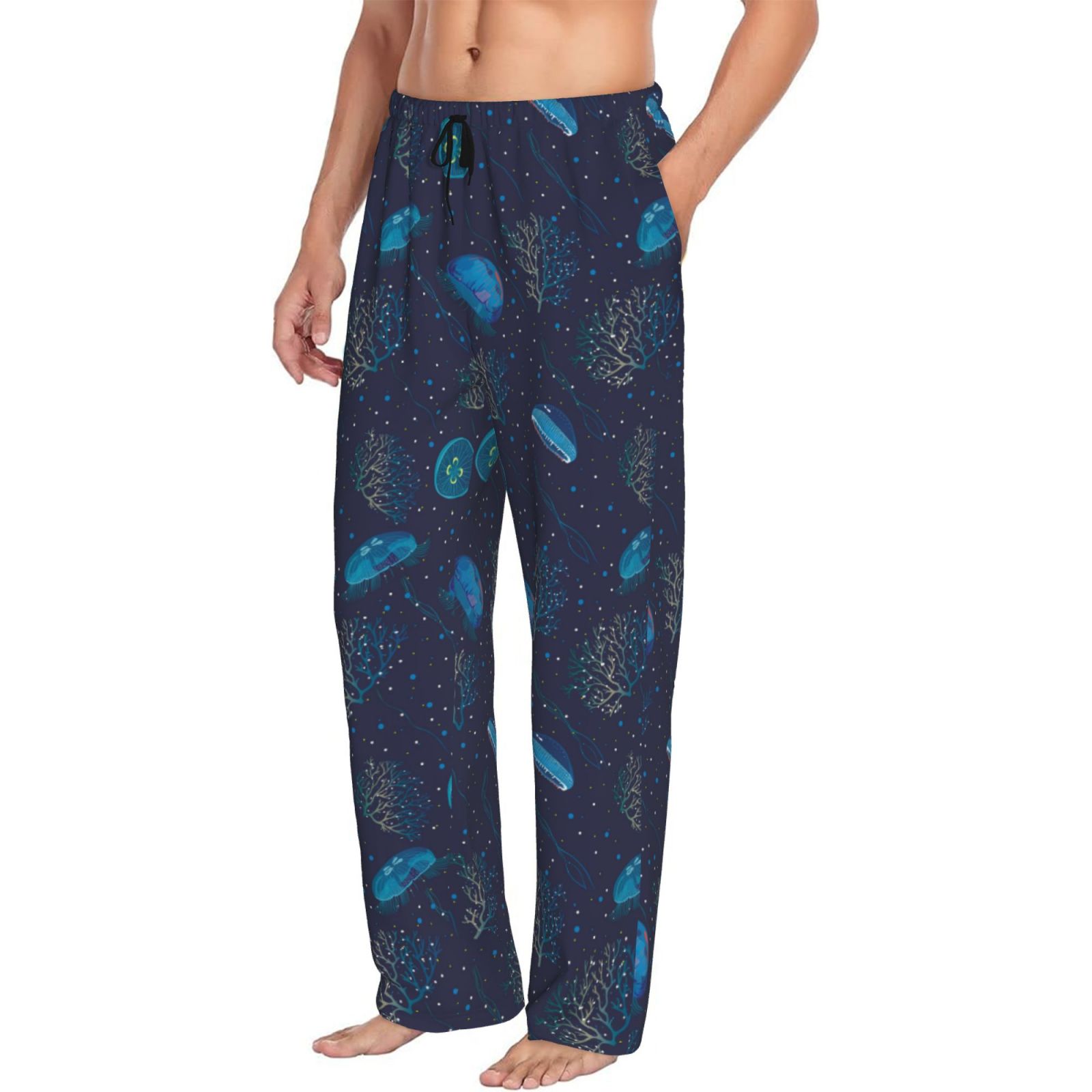 Mens Pajama Pants Bottoms with Pockets- Deep Blue Coral Jellyfish Soft ...