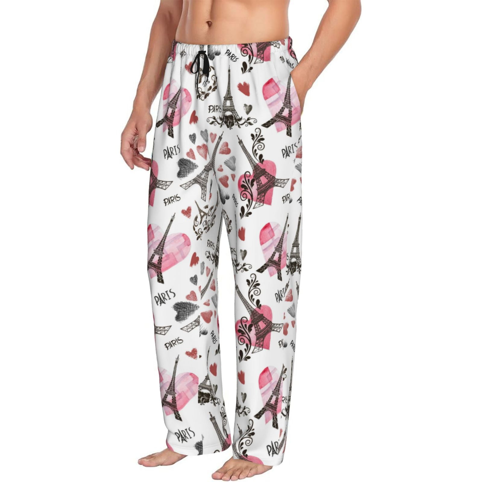 Mens Pajama Pants Bottoms with Pockets- Eiffel Tower paris heart Soft ...