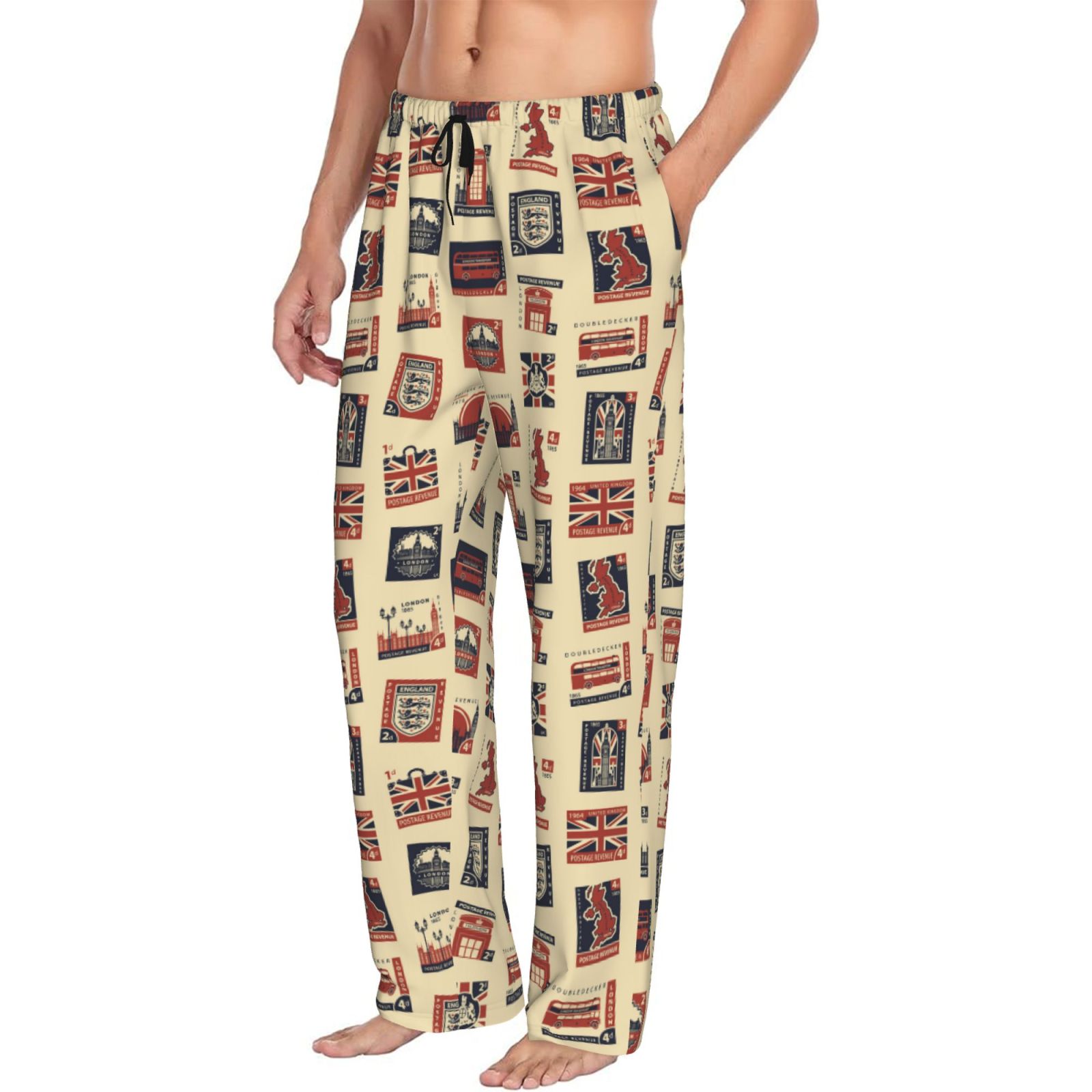Mens Pajama Pants Bottoms with Pockets - England Stamp print Comfy Mens ...