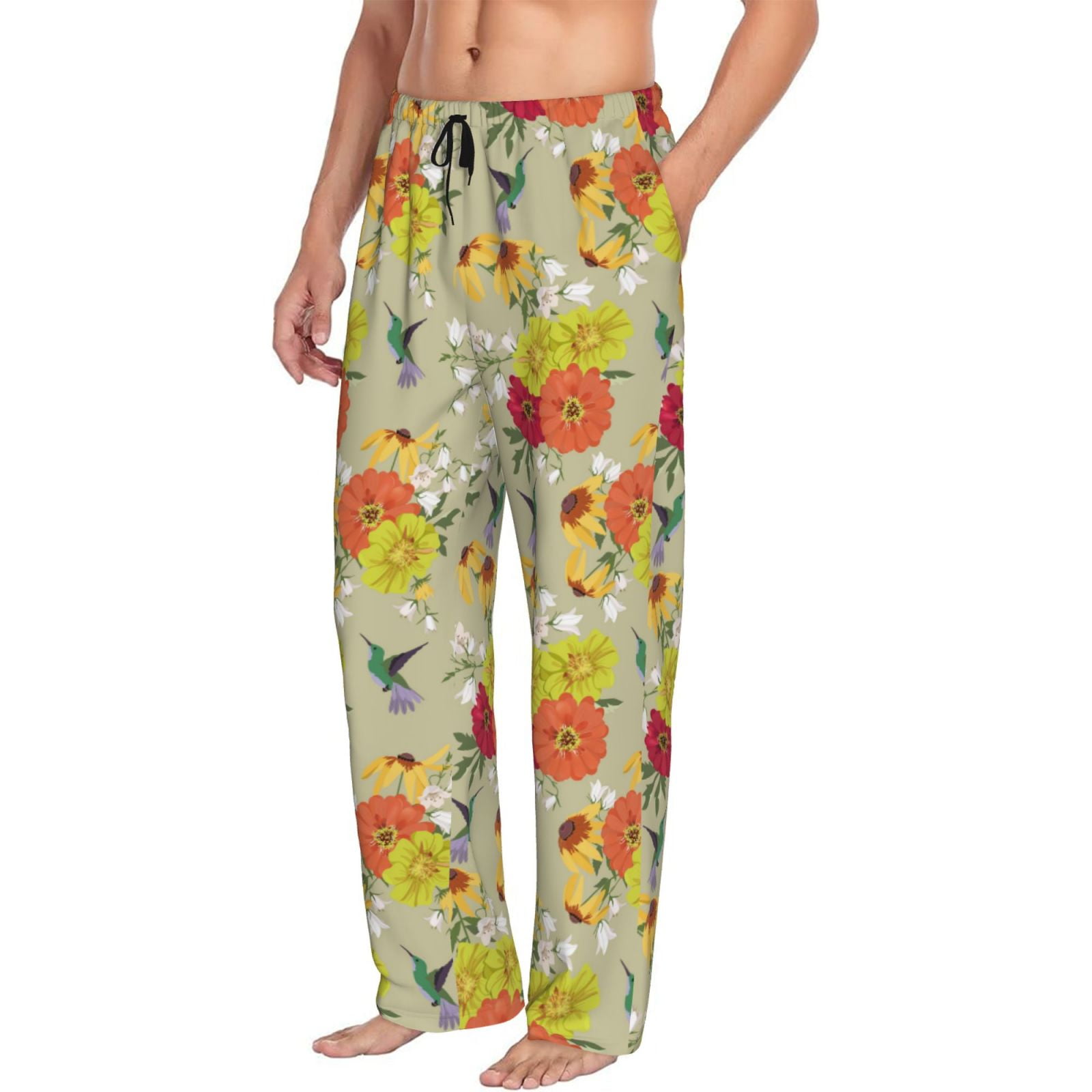 Mens Pajama Pants Bottoms with Pockets- Flowers and Hummingbirds Soft ...