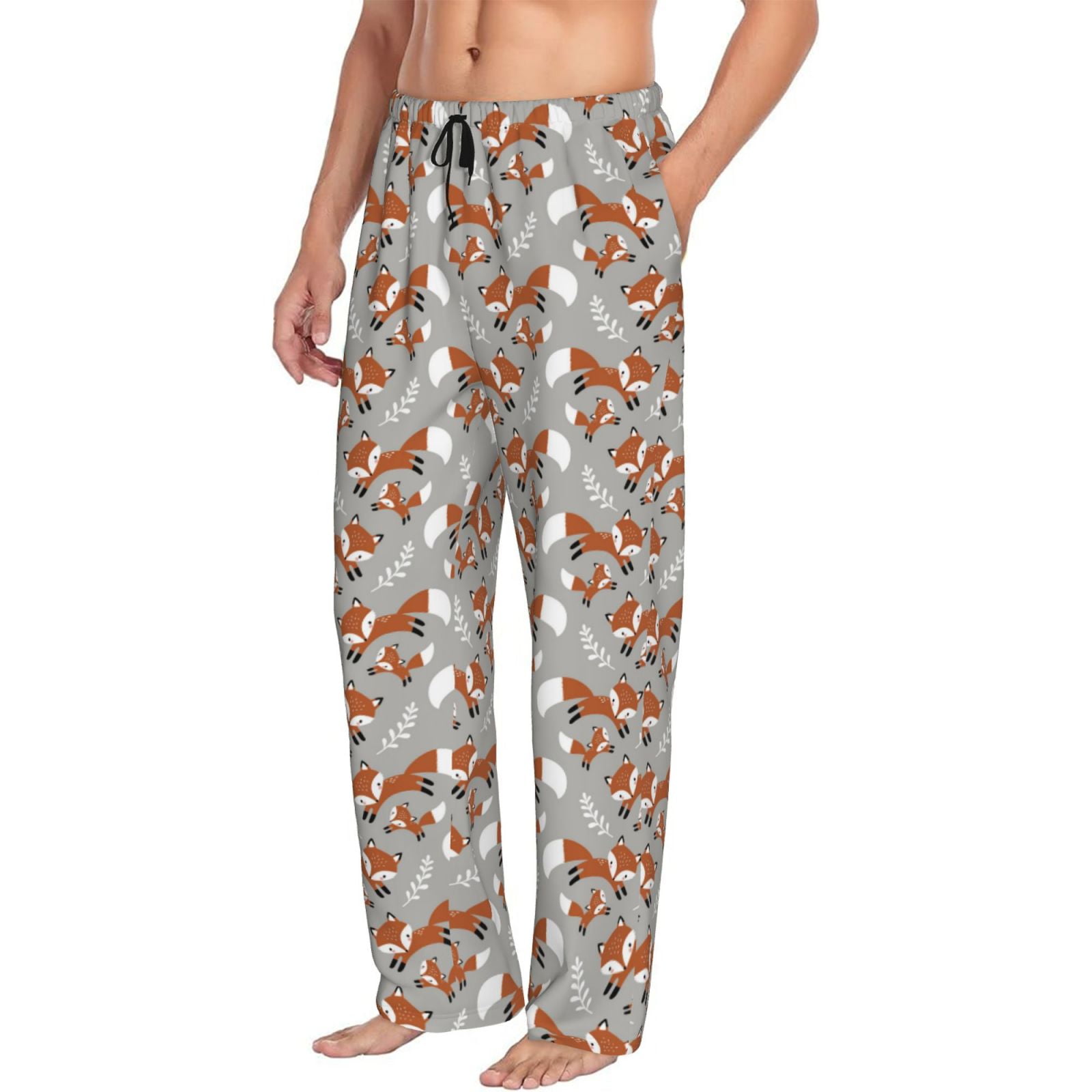 Mens Pajama Pants Bottoms with Pockets- Fox Leaf Print Gray Soft Mens ...