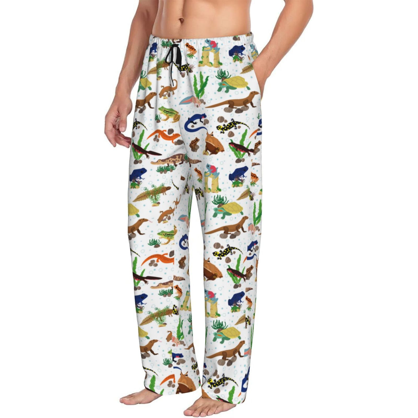 Mens Pajama Pants Bottoms with Pockets- Frog Turtle Newt Lizard Seaweed ...