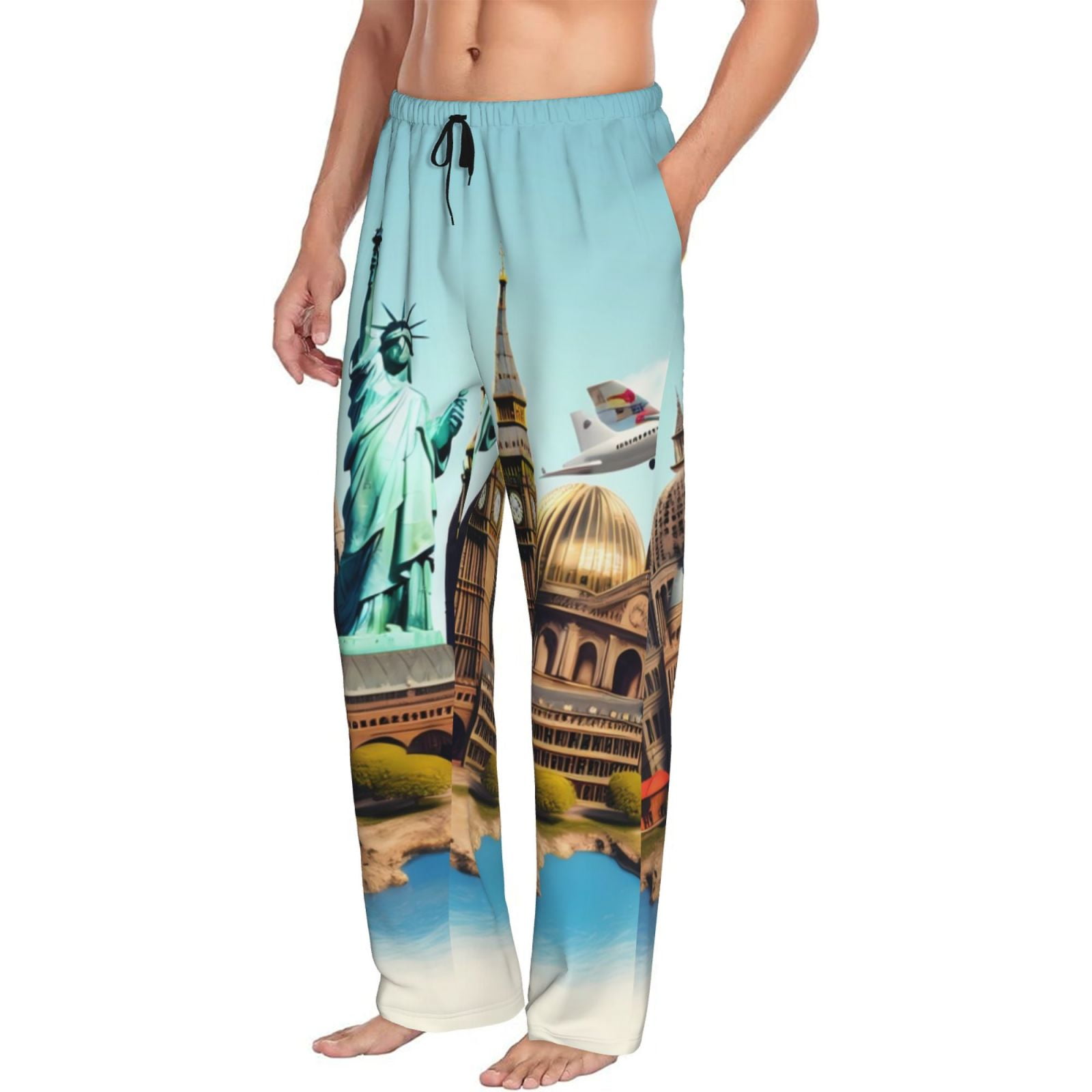 Mens Pajama Pants Bottoms with Pockets- Iconic Global Landmarks Soft ...