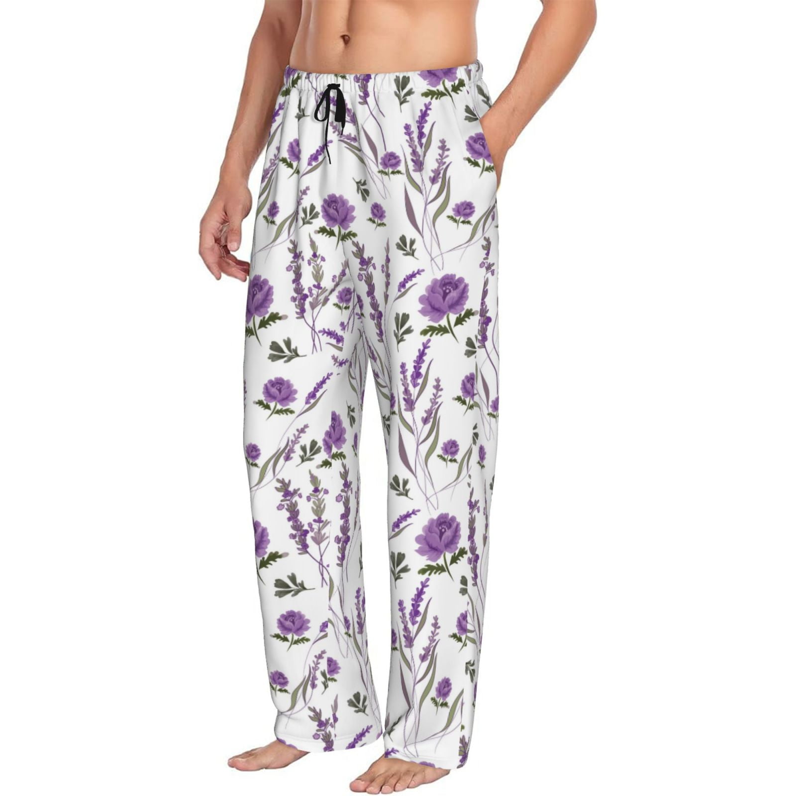 Mens Pajama Pants Bottoms with Pockets- Lavender Flowers Fujiman Soft ...