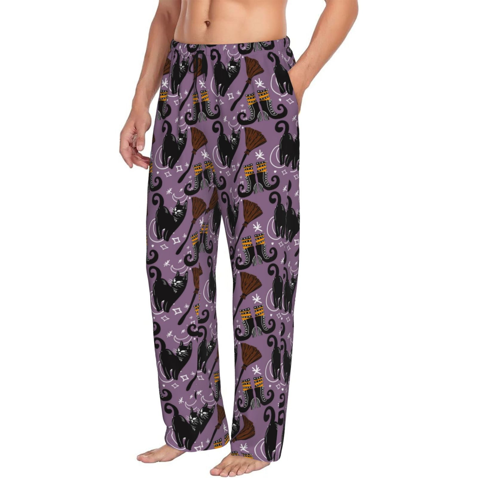 Mens Pajama Pants Bottoms with Pockets- Magic Style Cartoon Broom Cat ...