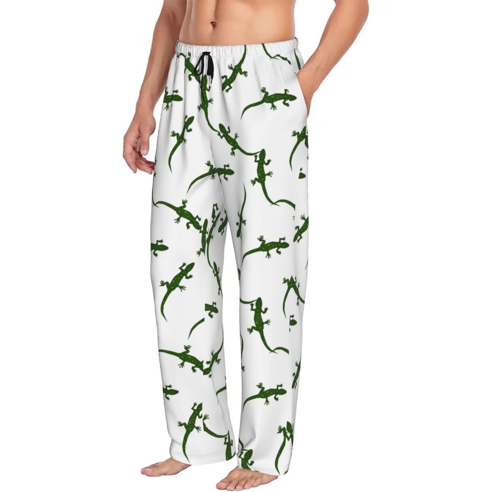 Mens Pajama Pants Bottoms with Pockets- Modern Cute Gecko Lizard Green ...