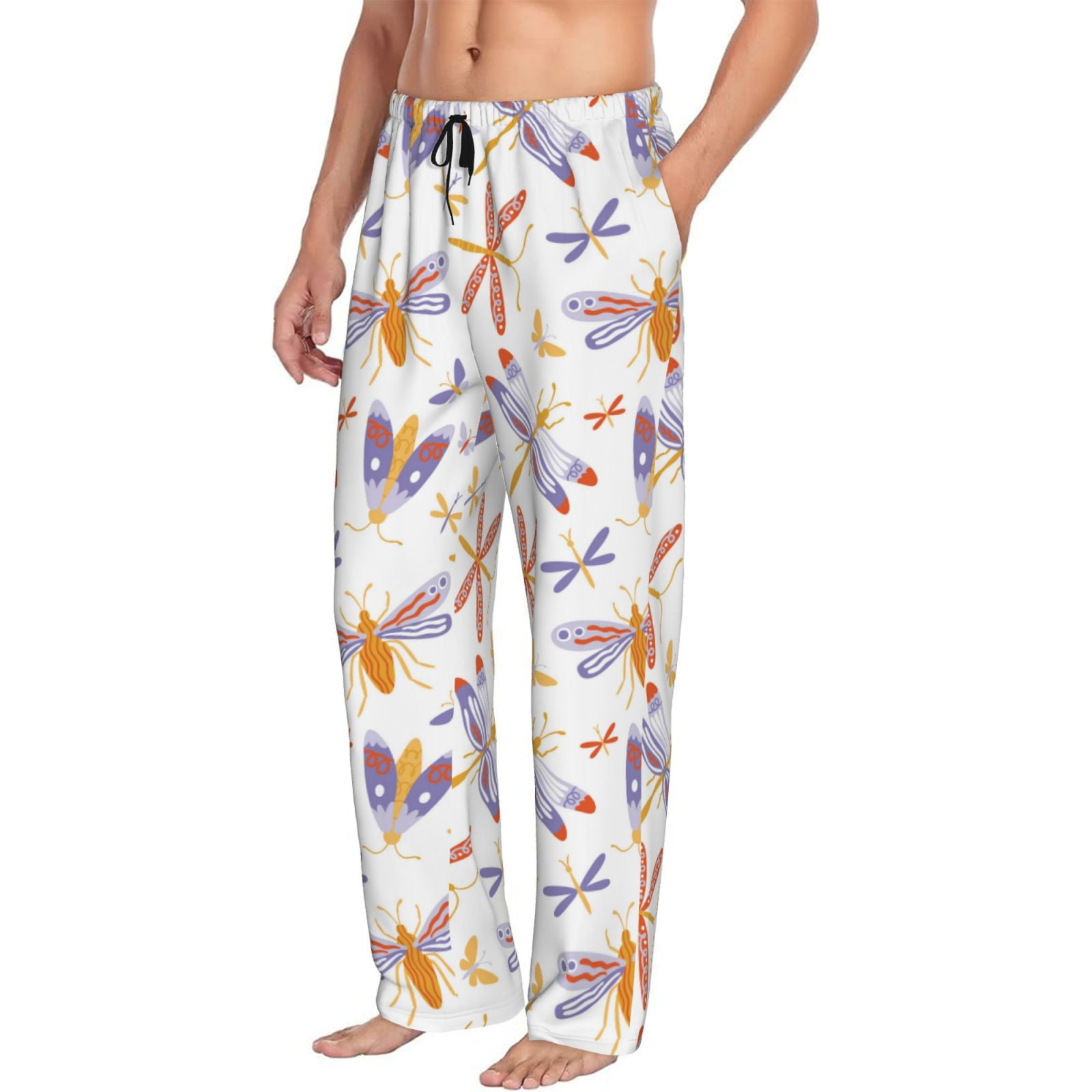 Mens Pajama Pants Bottoms with Pockets- Moths Dragonflies Butterflies Soft Mens Pj Pants, Comfy ...