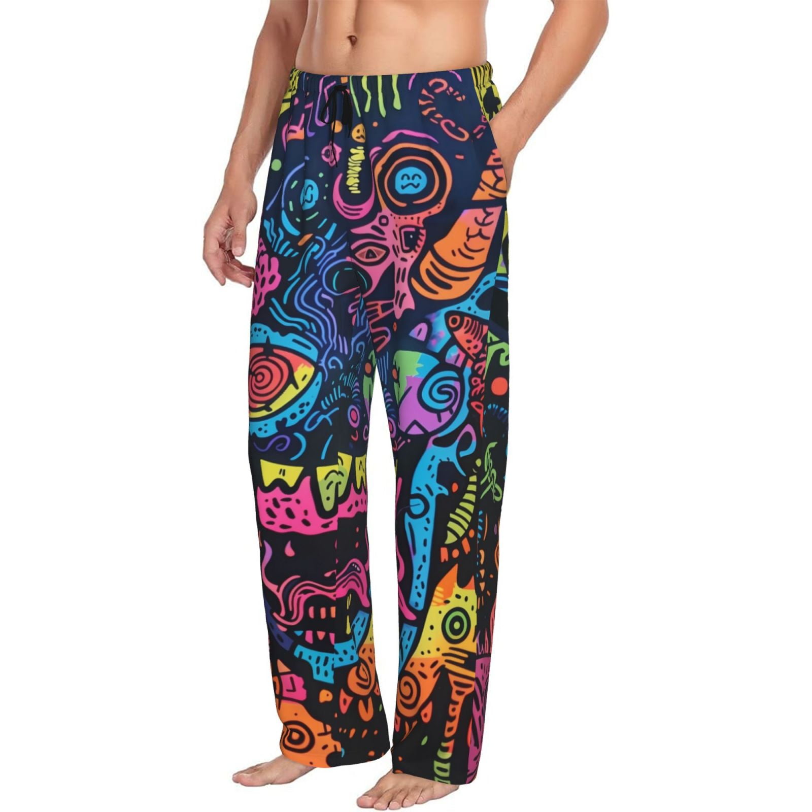 Mens Pajama Pants Bottoms with Pockets- Neon Graffiti Urban Art Soft ...