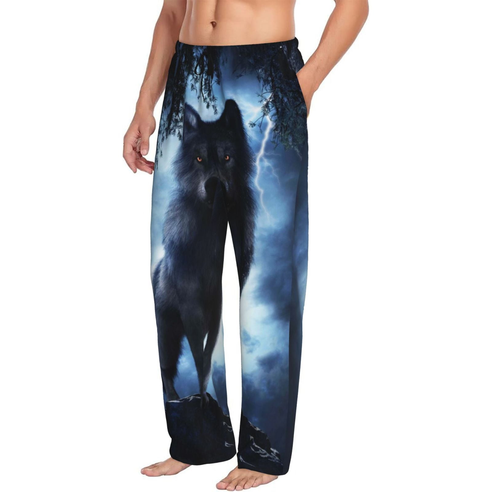 Mens Pajama Pants Bottoms with Pockets - Night Scene of Wolves Comfy ...