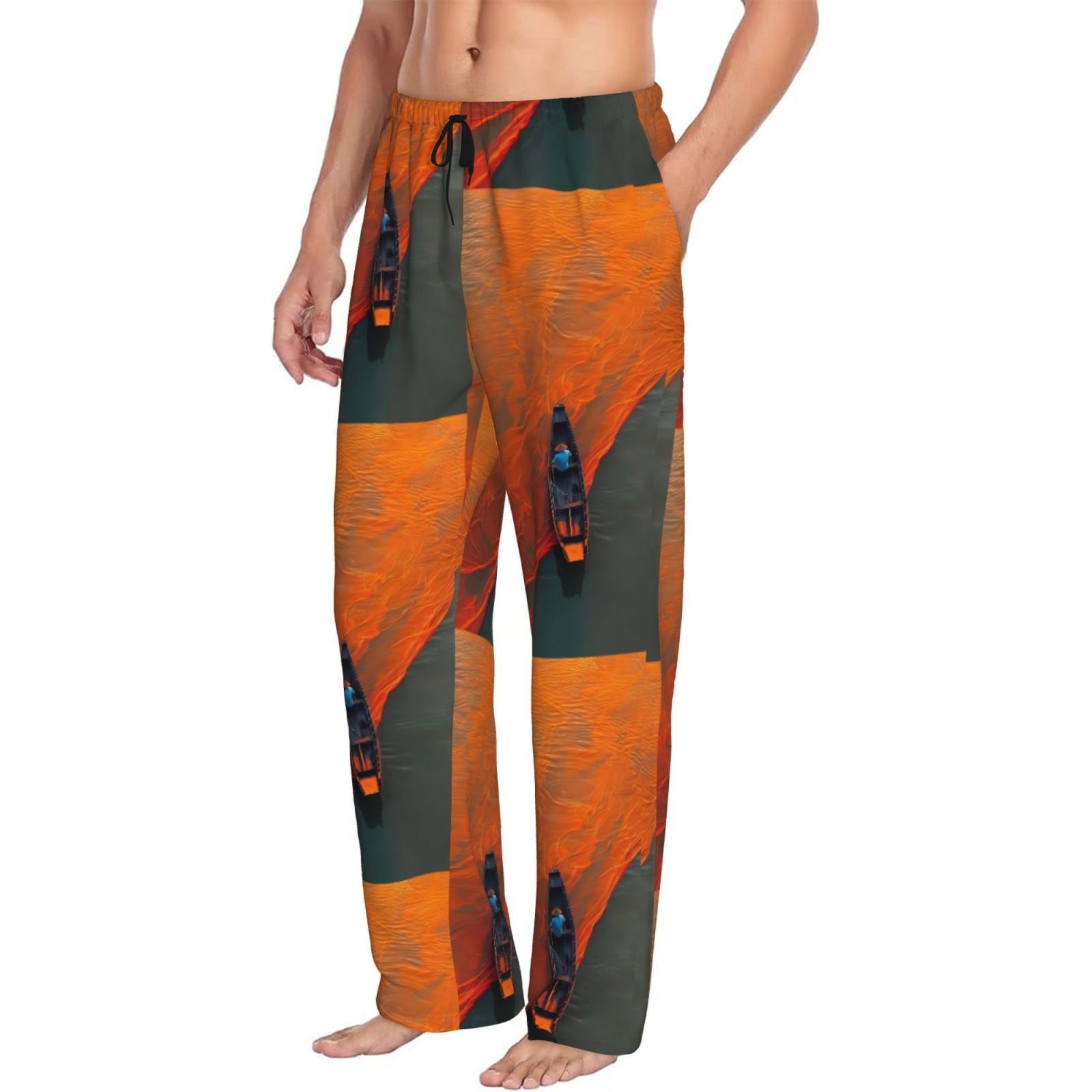 Mens Pajama Pants Bottoms with Pockets- Orange Net Fishing Boat Soft ...