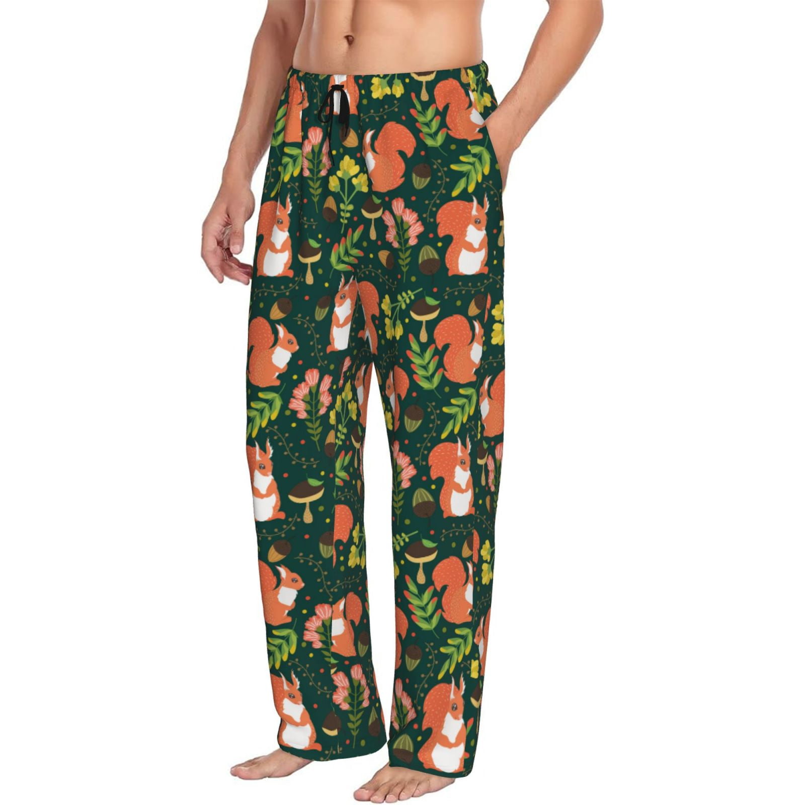 Mens Pajama Pants Bottoms with Pockets- Painted Cute Squirrel Flower ...