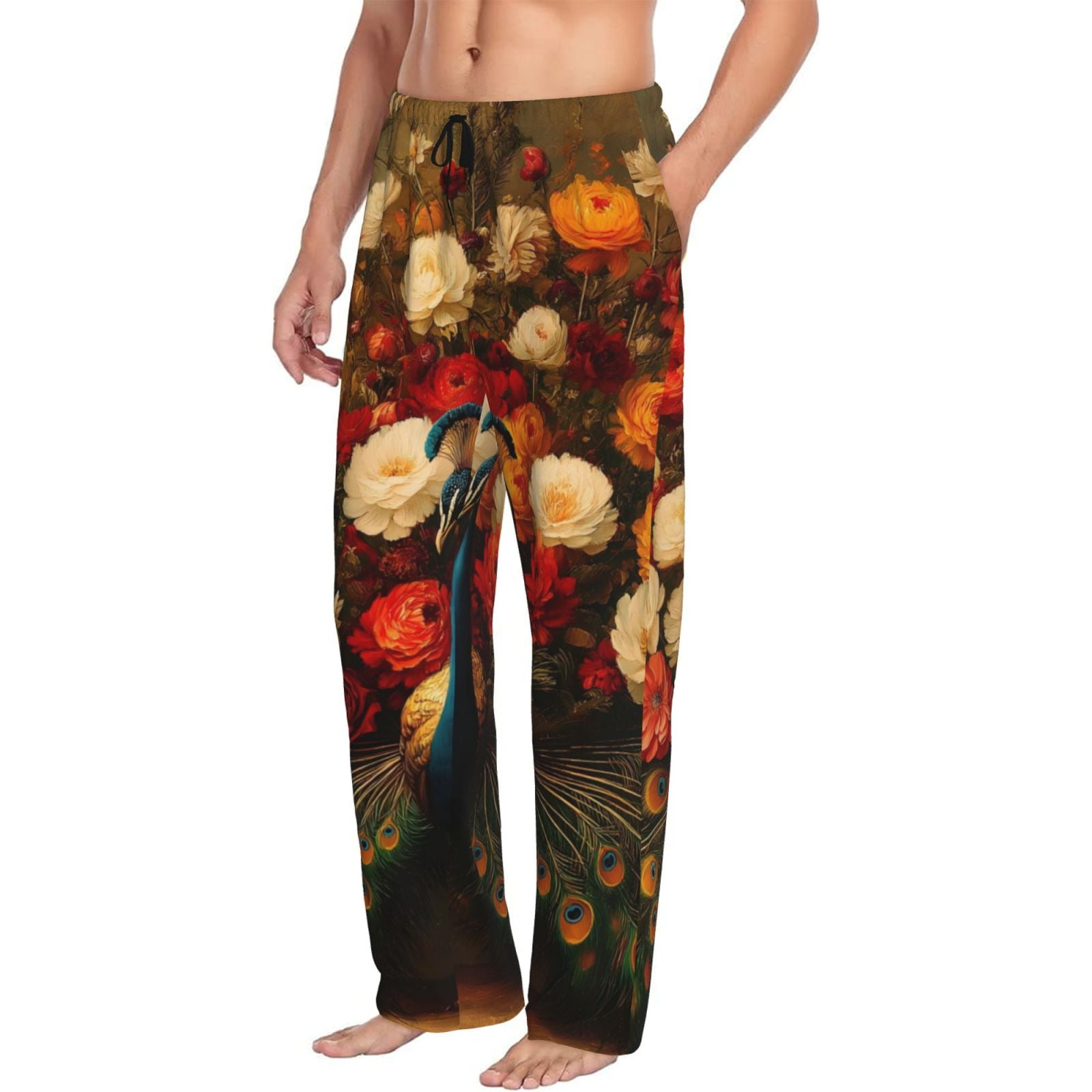Mens Pajama Pants Bottoms with Pockets - Peacock Floral Bloom Comfy Mens Pj Pants, Soft Men ...