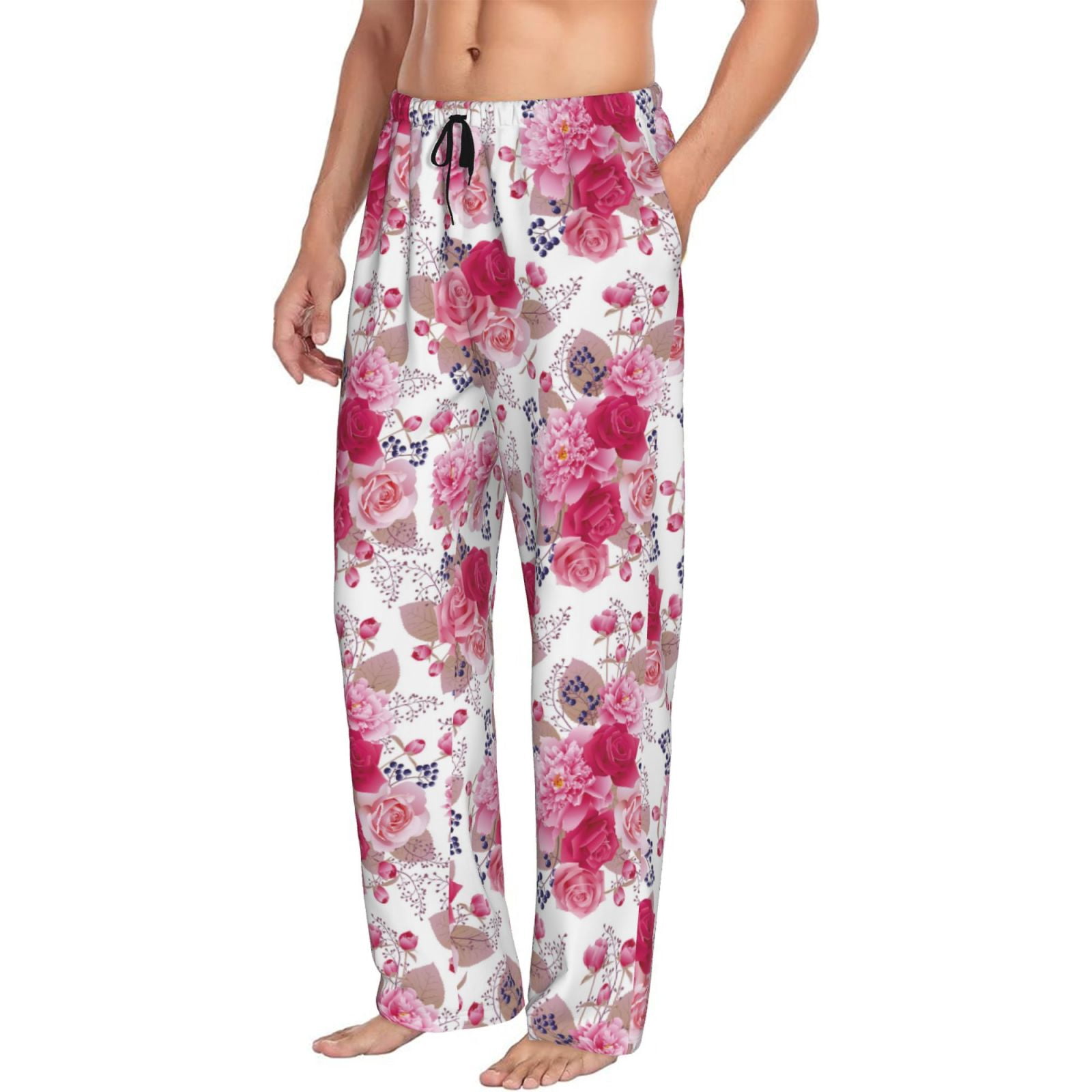 Mens Pajama Pants Bottoms with Pockets- Peonies and roses Soft Mens Pj ...
