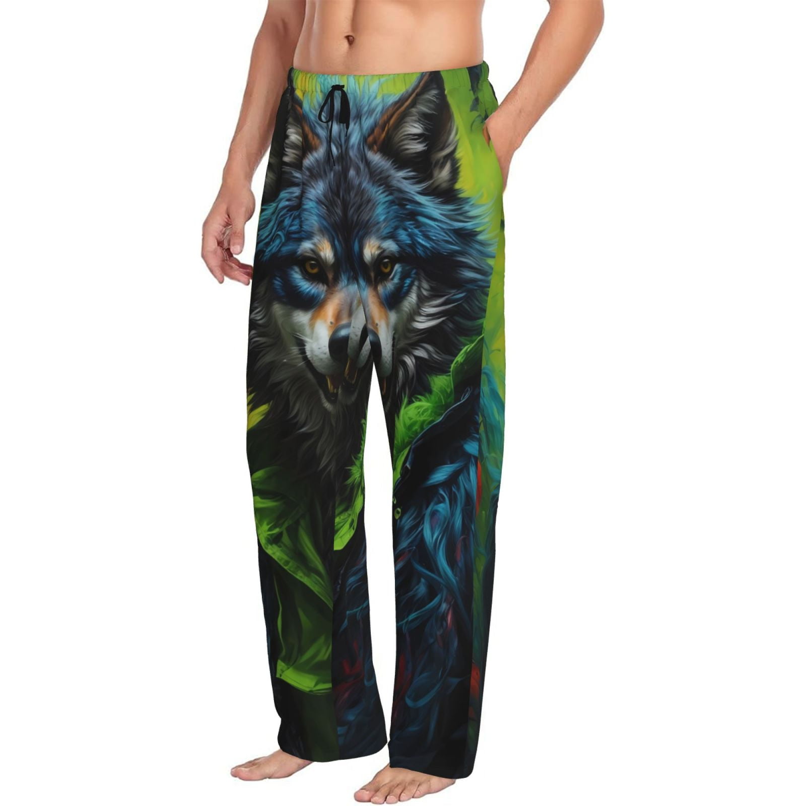 Mens Pajama Pants Bottoms with Pockets- Realistic Style Wolf Warrior ...