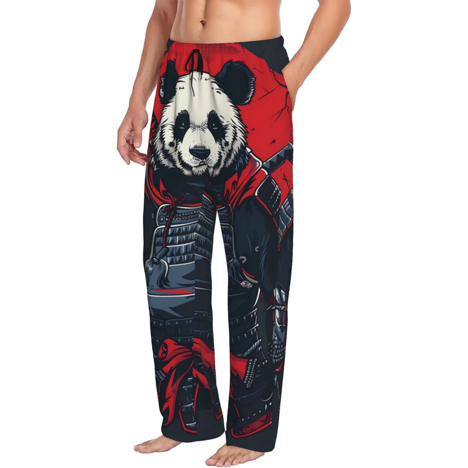 Mens Pajama Pants Bottoms with Pockets- Red Black Eastern Panda Warrior ...