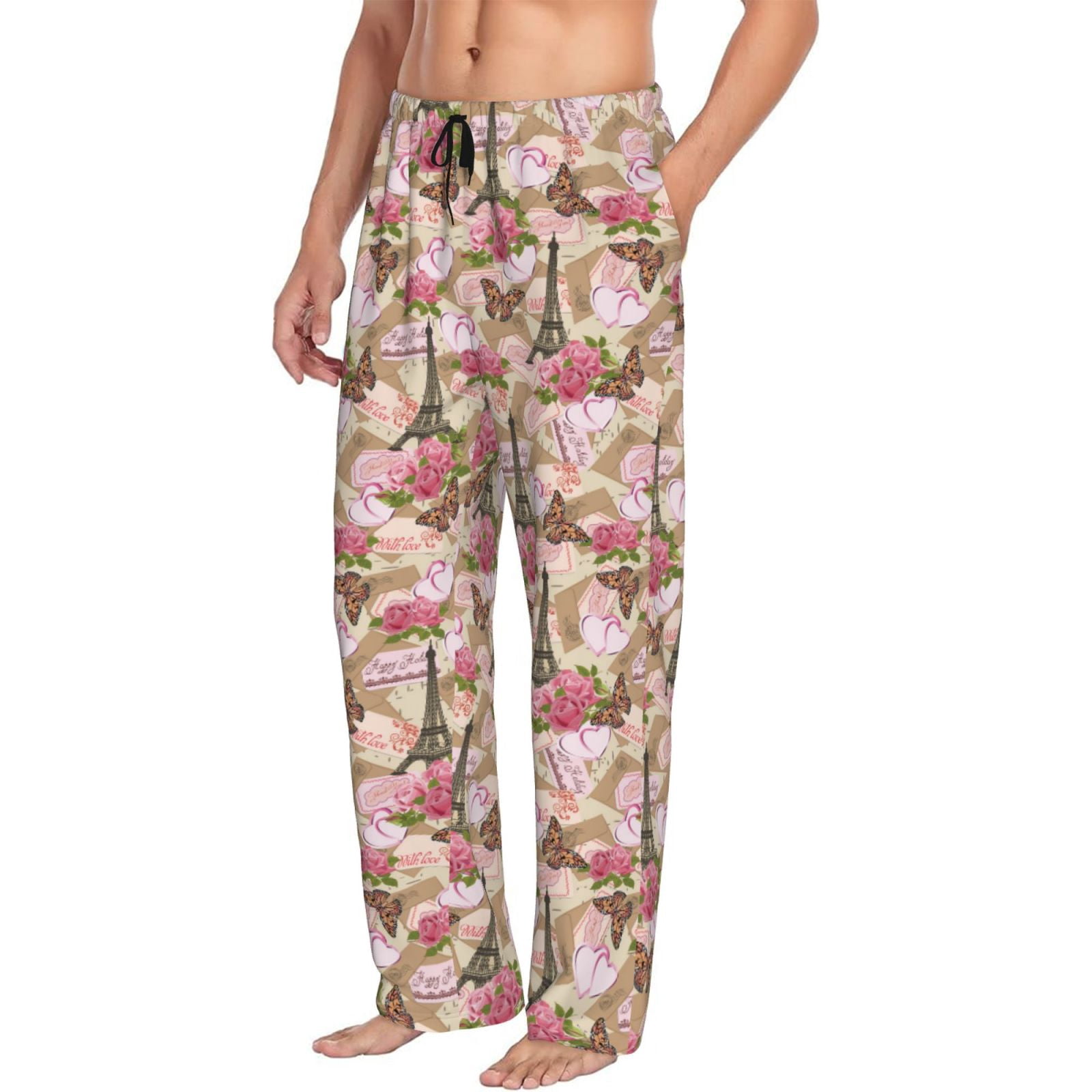 Mens Pajama Pants Bottoms with Pockets- Rose Flowers Butterfly Love ...
