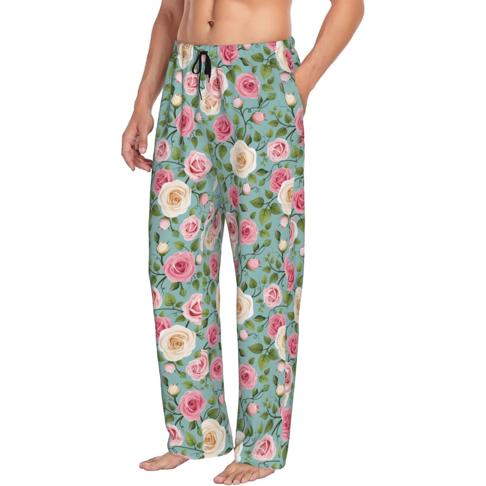 Mens Pajama Pants Bottoms with Pockets - Rose Flowers Temg Comfy Mens ...