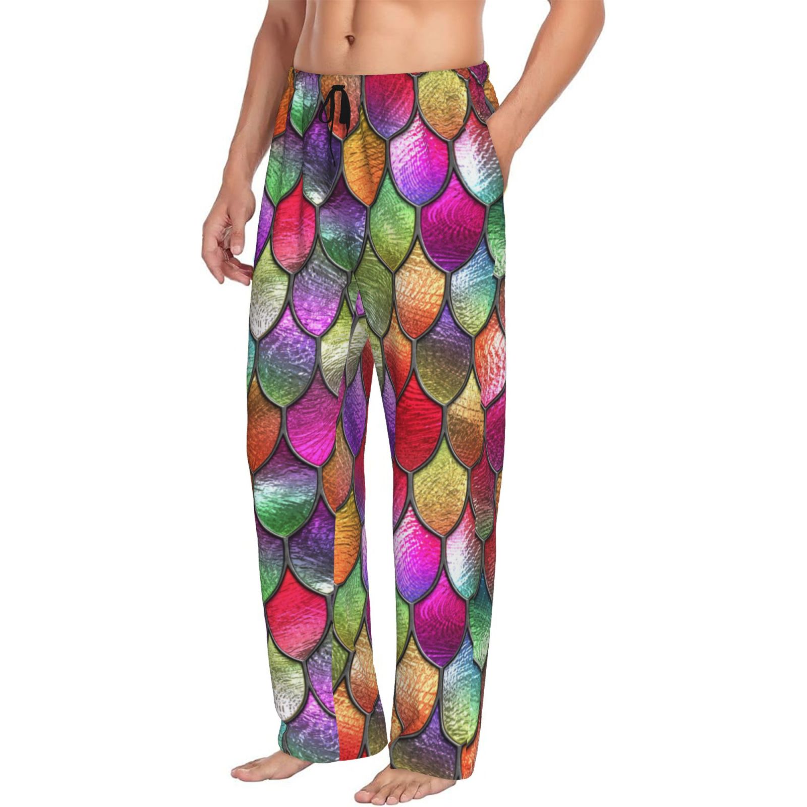 Mens Pajama Pants Bottoms with Pockets- Stained glass Rainbow fish ...