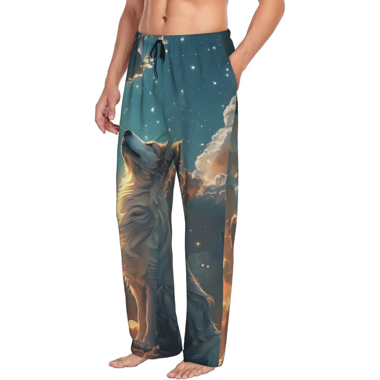 Mens Pajama Pants Bottoms with Pockets- Starry Sky Cloud Wolf Soft Mens ...