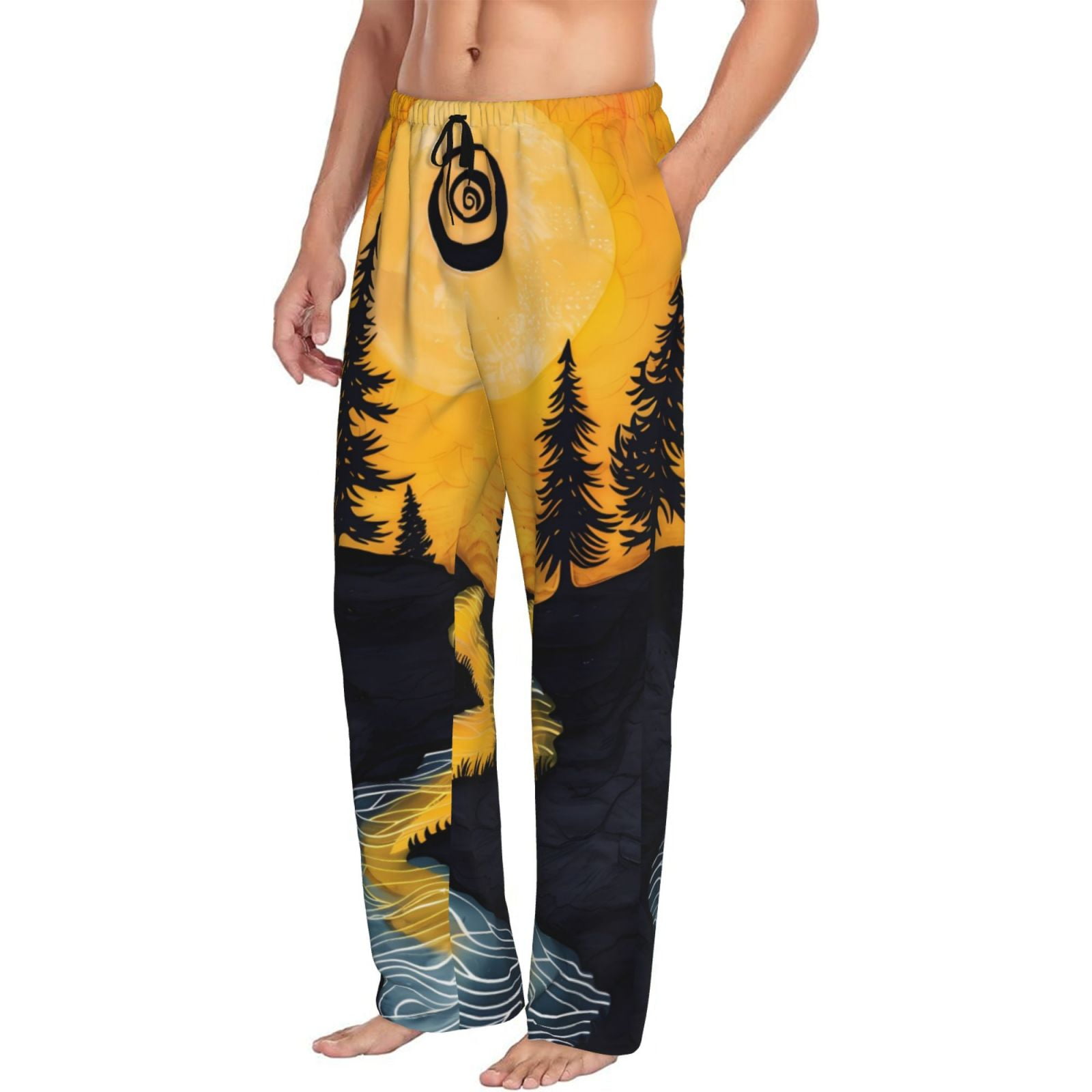 Mens Pajama Pants Bottoms with Pockets- Sunset River Pine Trees Soft ...