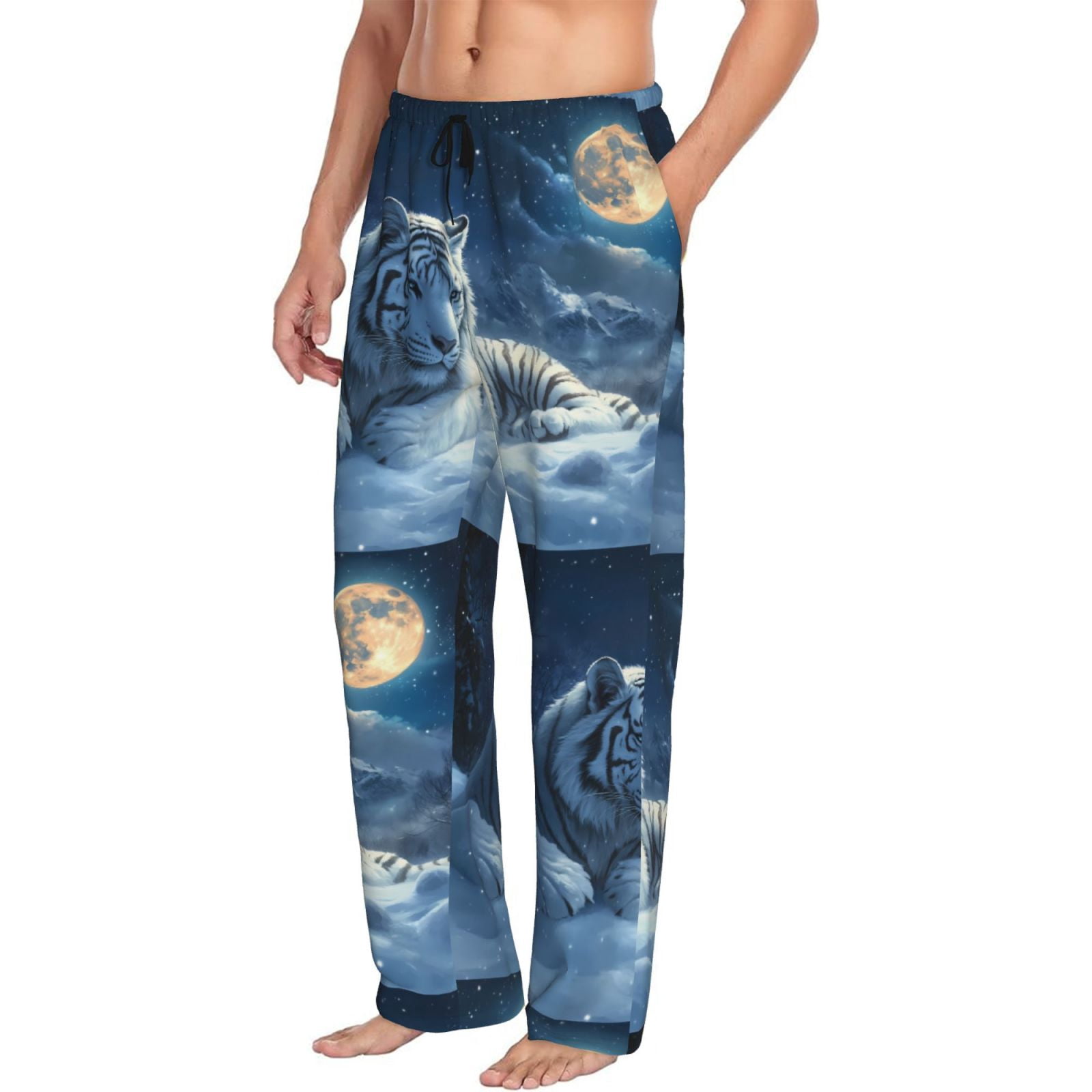 Mens Pajama Pants Bottoms with Pockets - White Tiger Under Full Moon A ...