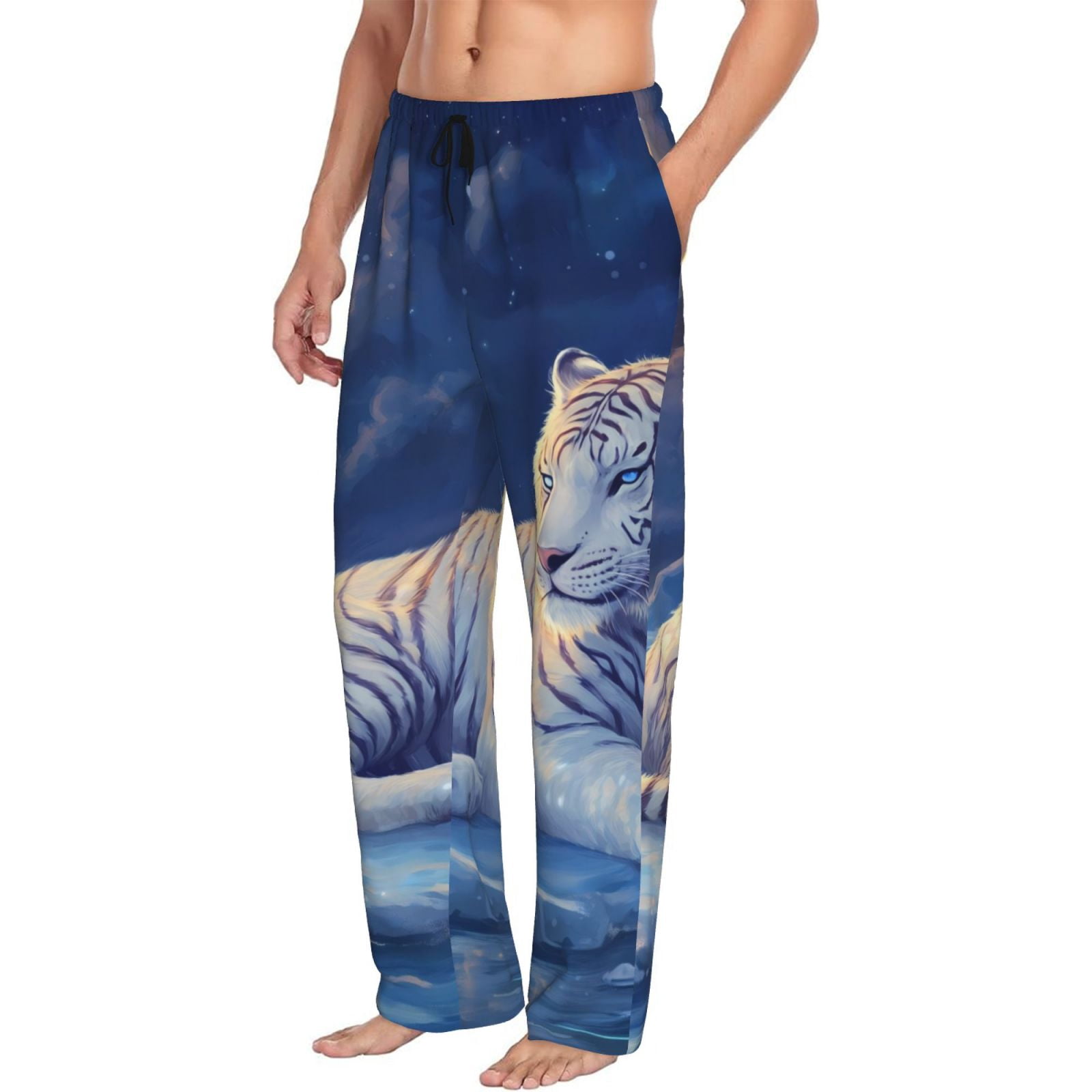Mens Pajama Pants Bottoms with Pockets - White Tiger Under Full Moon ...