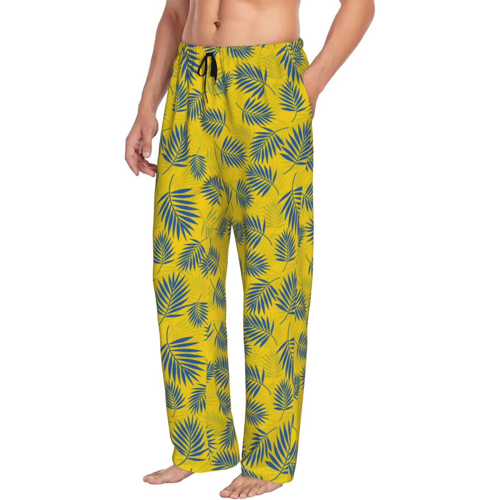 Mens Pajama Pants Bottoms with Pockets- Yellow Palm leaf Soft Mens Pj ...