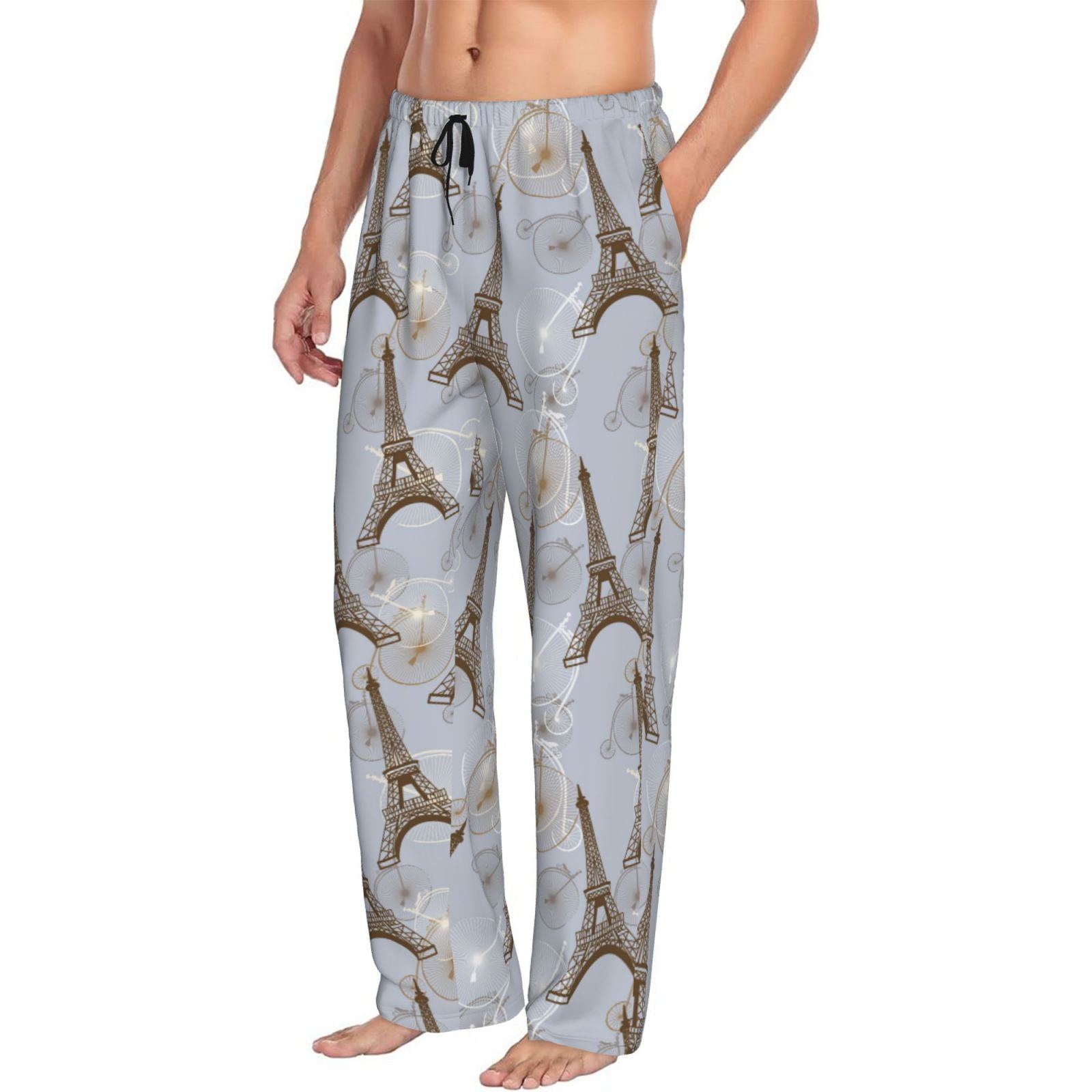 Mens Pajama Pants Bottoms with Pockets- bike Eiffel Tower Soft Mens Pj ...