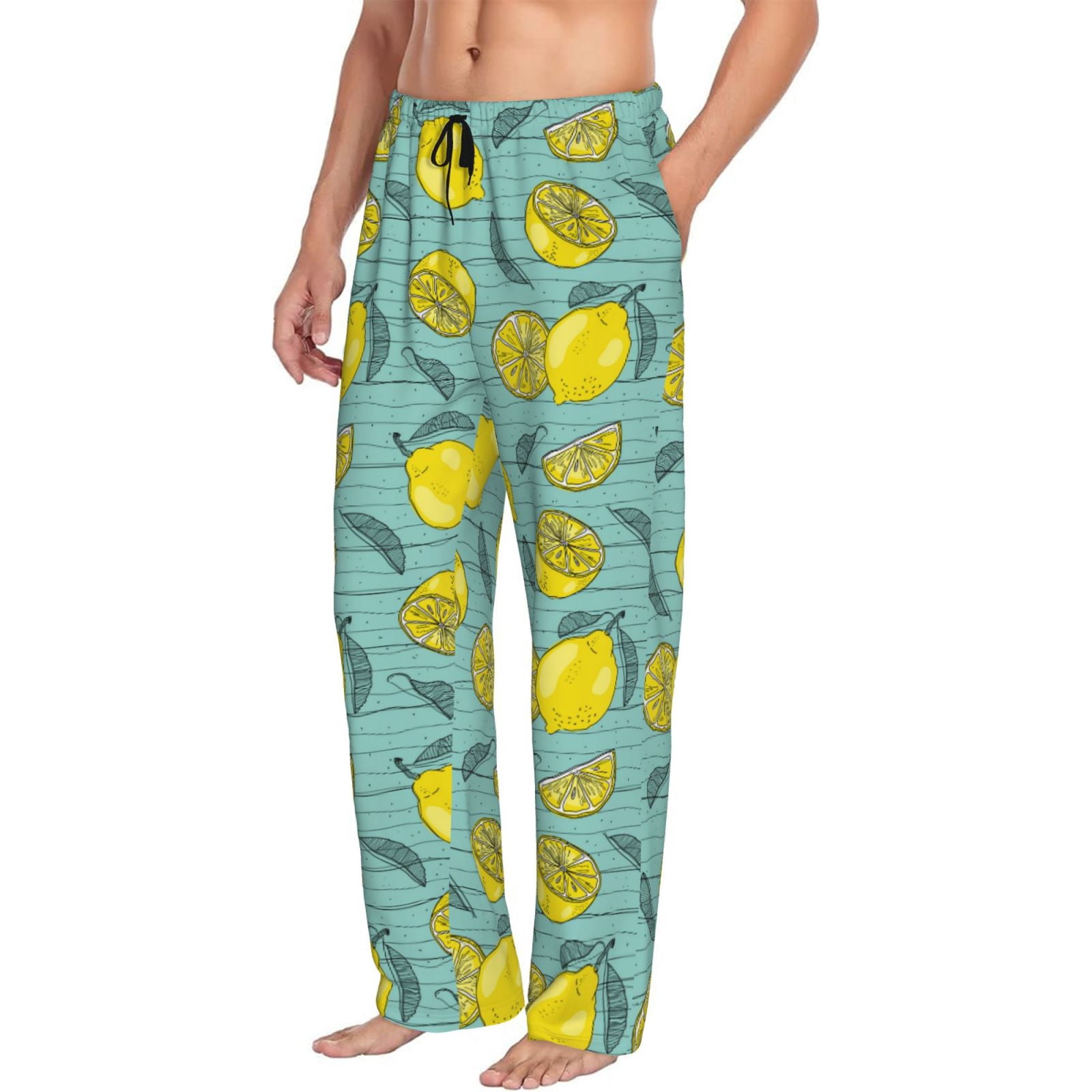 Mens Pajama Pants Bottoms with Pockets- cartoon Lemon yellow Soft Mens ...