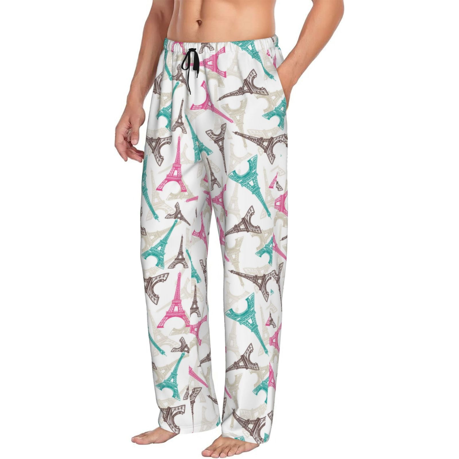 Mens Pajama Pants Bottoms with Pockets- colorful Eiffel Tower Soft Mens ...