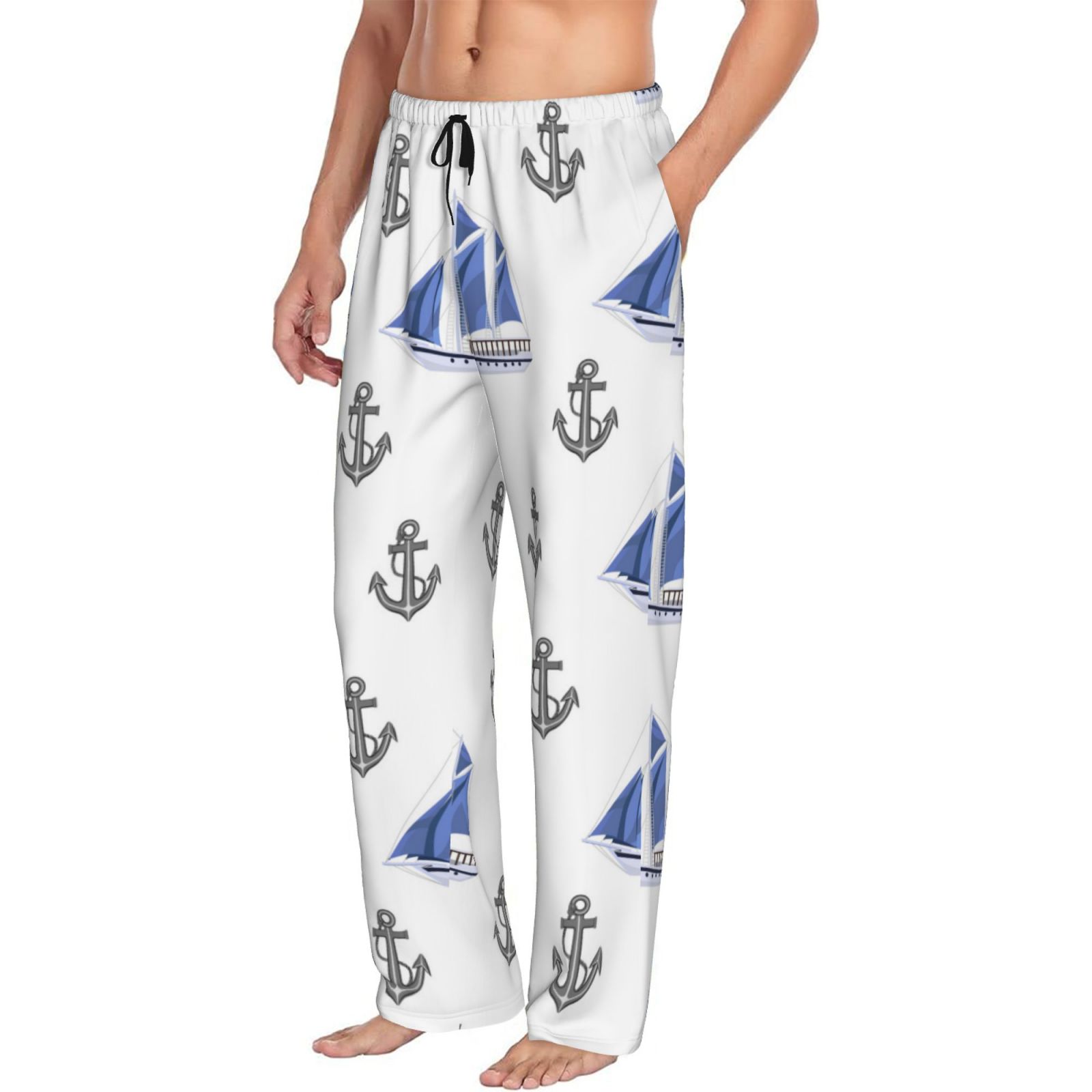 Mens Pajama Pants Bottoms with Pockets- ship blue sails anchors white ...