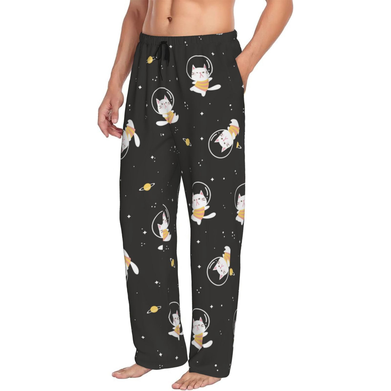 Mens Pajama Pants Cartoon Cat Floating In The Space Area With Star ...