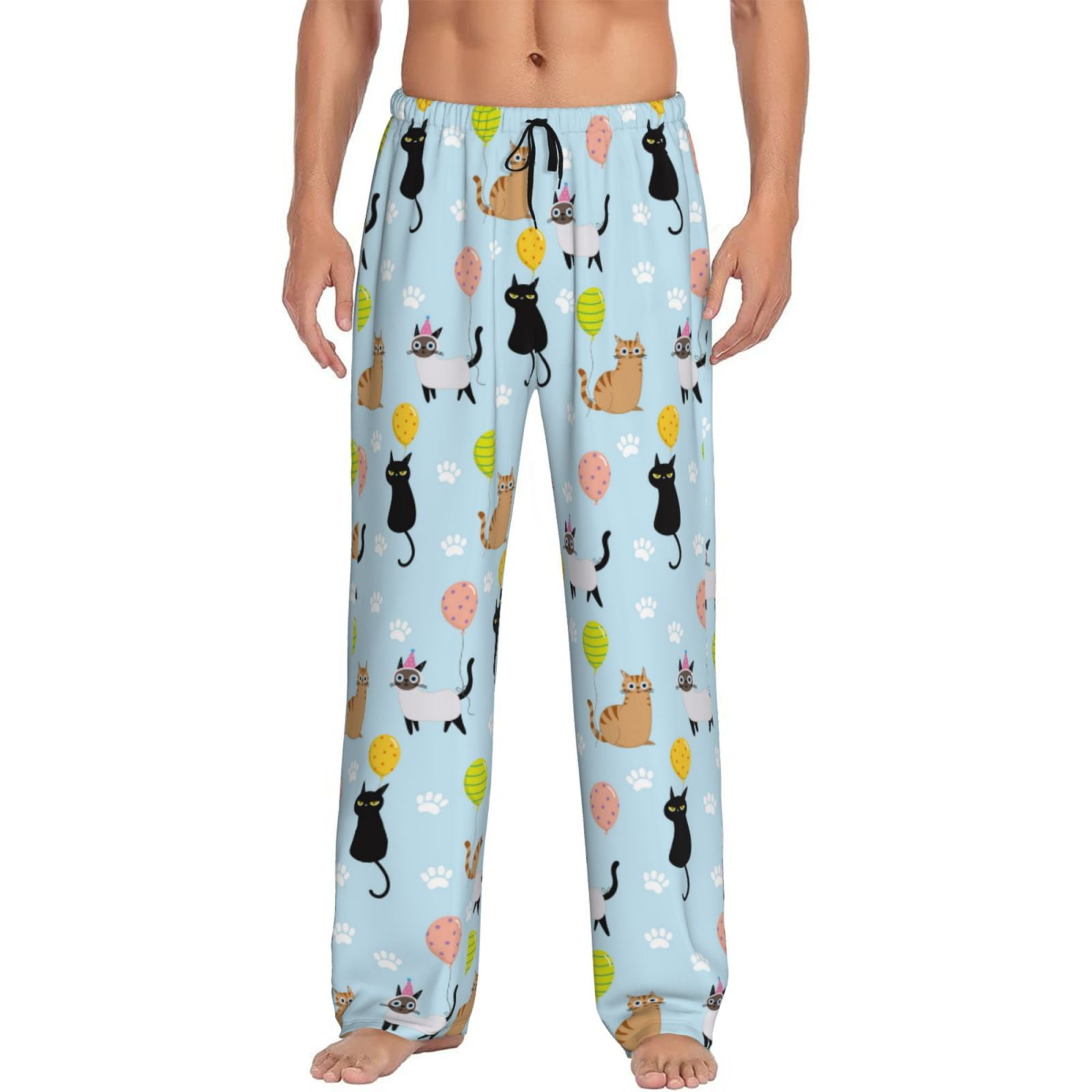 Mens Pajama Pants - Cartoon Cute Cat Colorful Balloons Mens Sleepwear ...