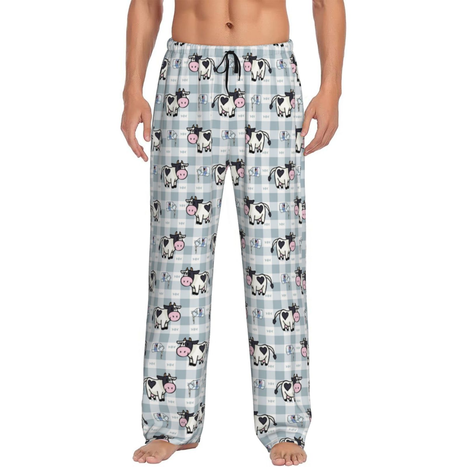 Mens Pajama Pants - Cartoon Plaid Cute Cow Milk Mens Sleepwear, Lounge ...