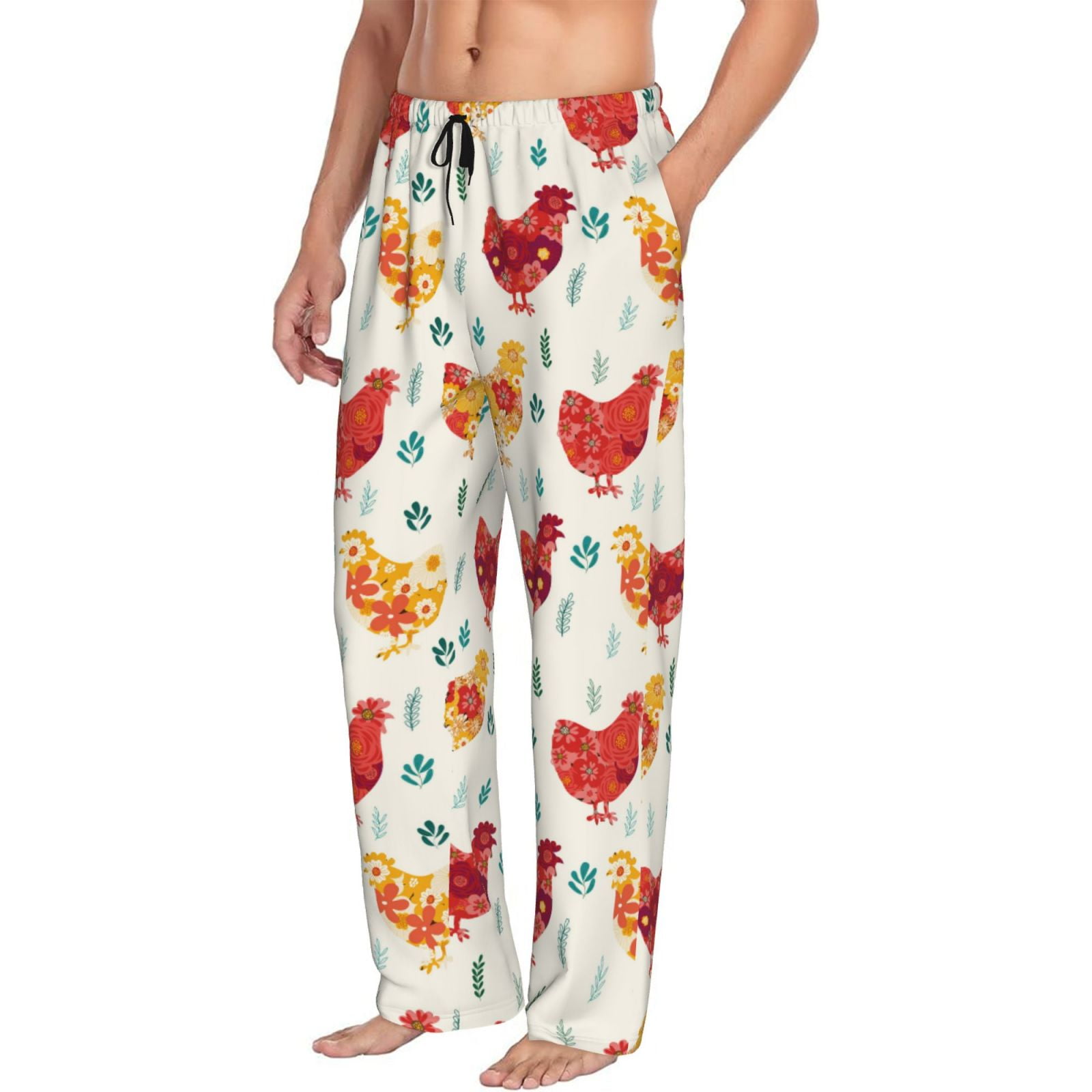 Mens Pajama Pants, Colorful Flower Chickens Mens PJ Pants Bottoms Sleep ...