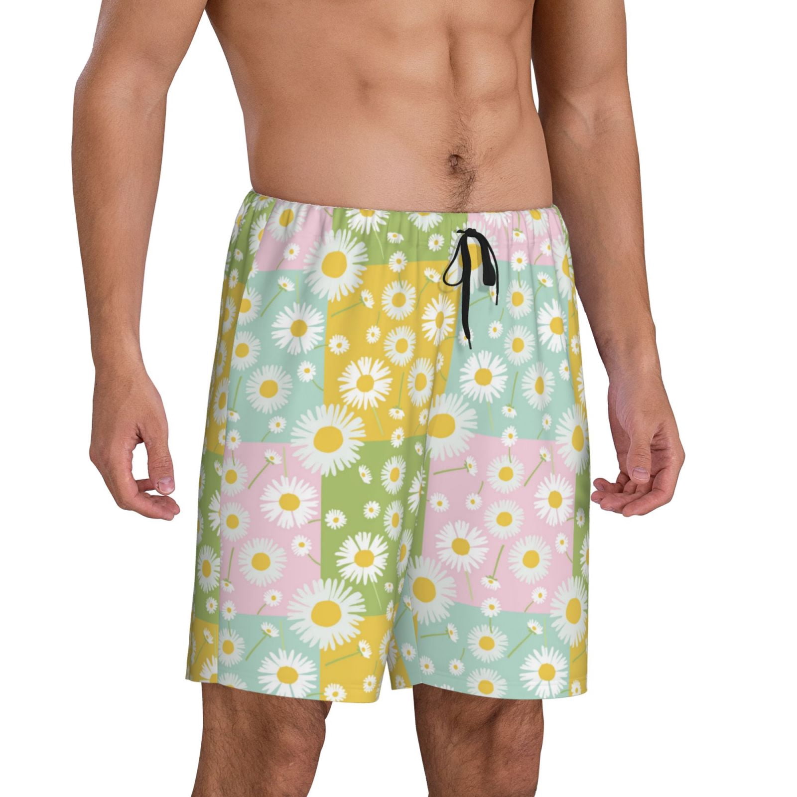 Mens Pajama Pants - Colorful Squares Daisies Flowers Sleep Shorts Mens ...