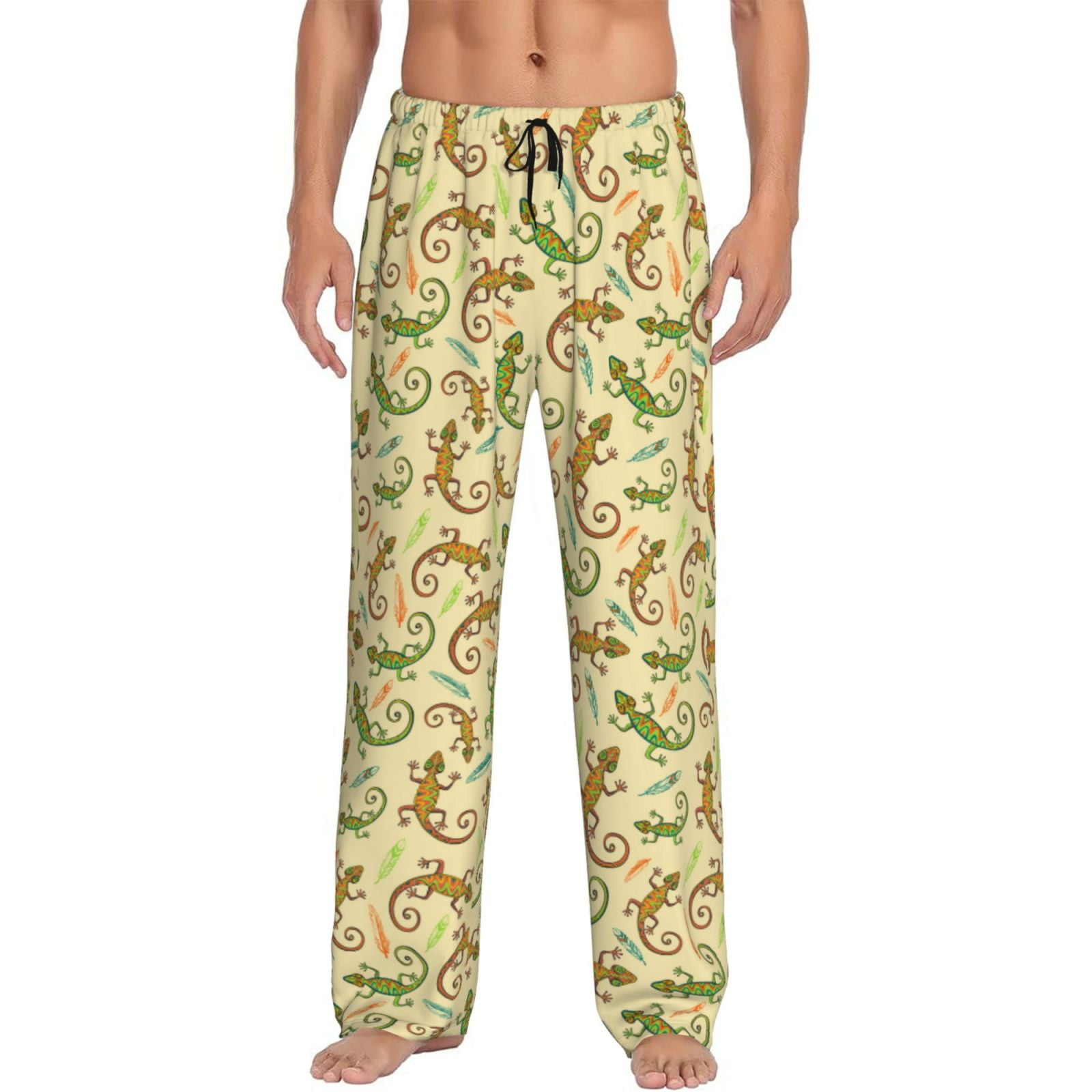Mens Pajama Pants, Cute Gecko Lizard Feathers Lounge Pj Pants With ...
